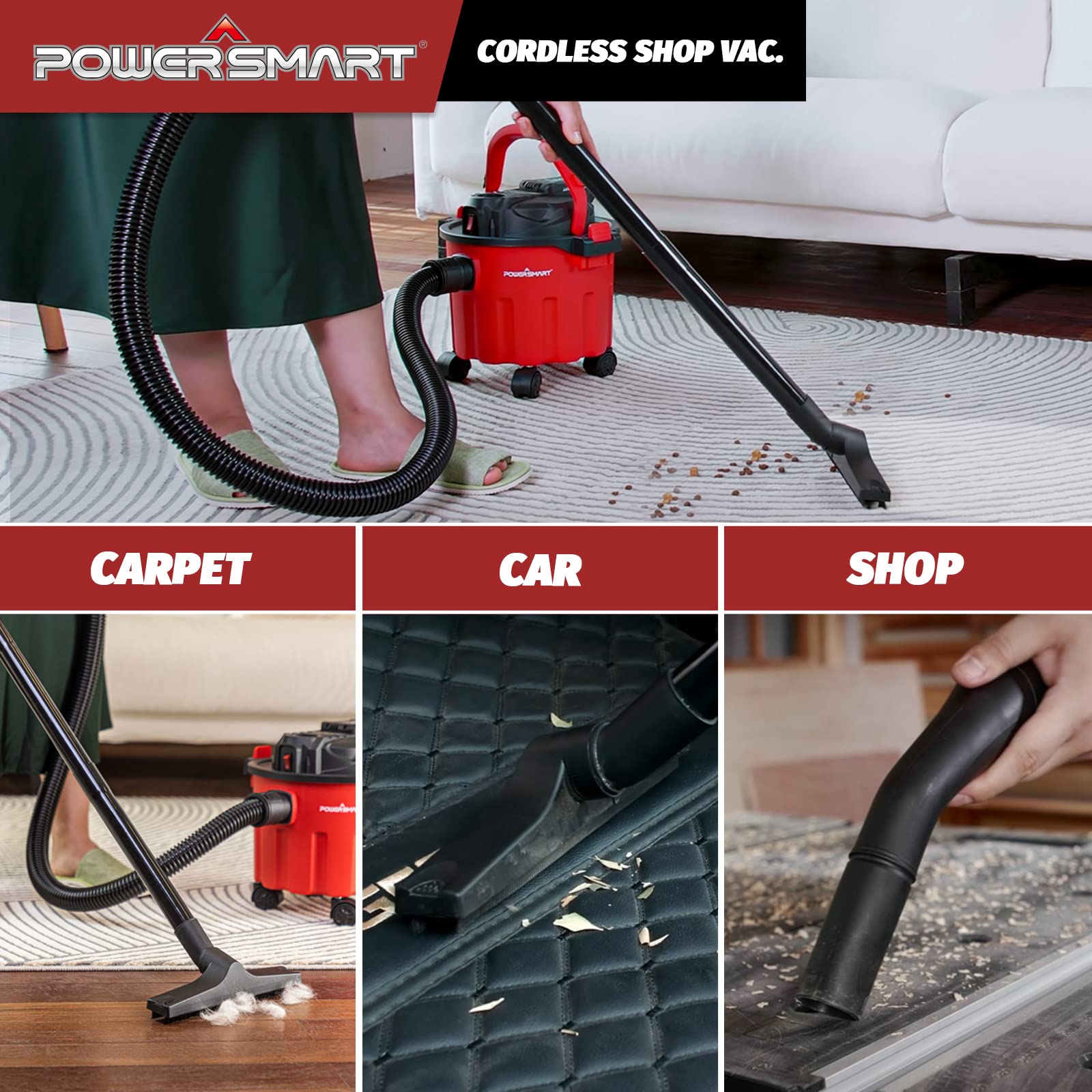 PowerSmart HEPA Cordless Shop Vacuum Cleaner, 2.6 Gallon, 20V, with 1.5Ah Battery and Charger, Portable Shop Vac