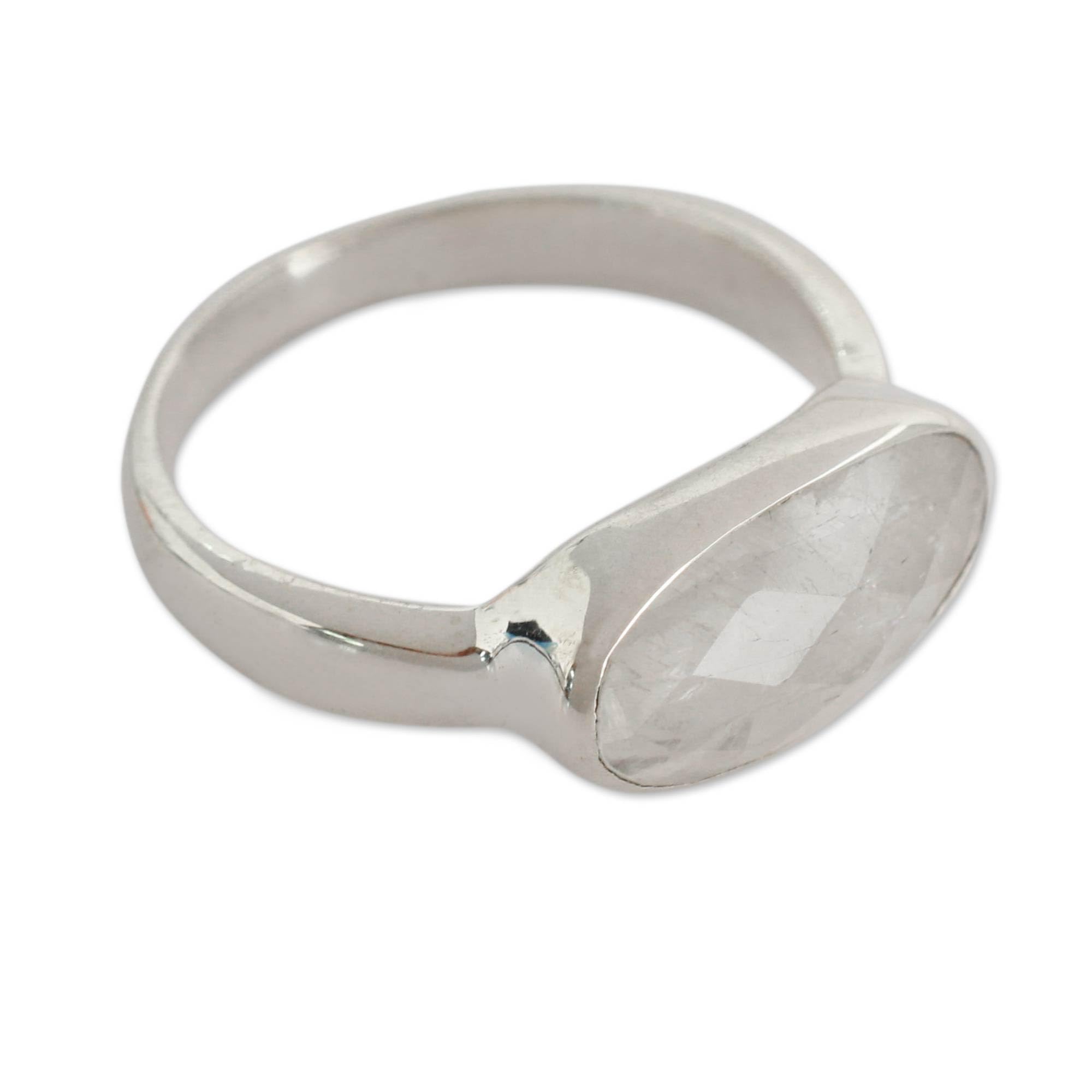 NOVICA Artisan Handmade Rainbow Moonstone Cocktail Ring Sterling Silver Clear Single India Modern [crownbezel 0.5 in L x 0.3 in W Band Width 3 mm W] ' Rainbow Mist'
