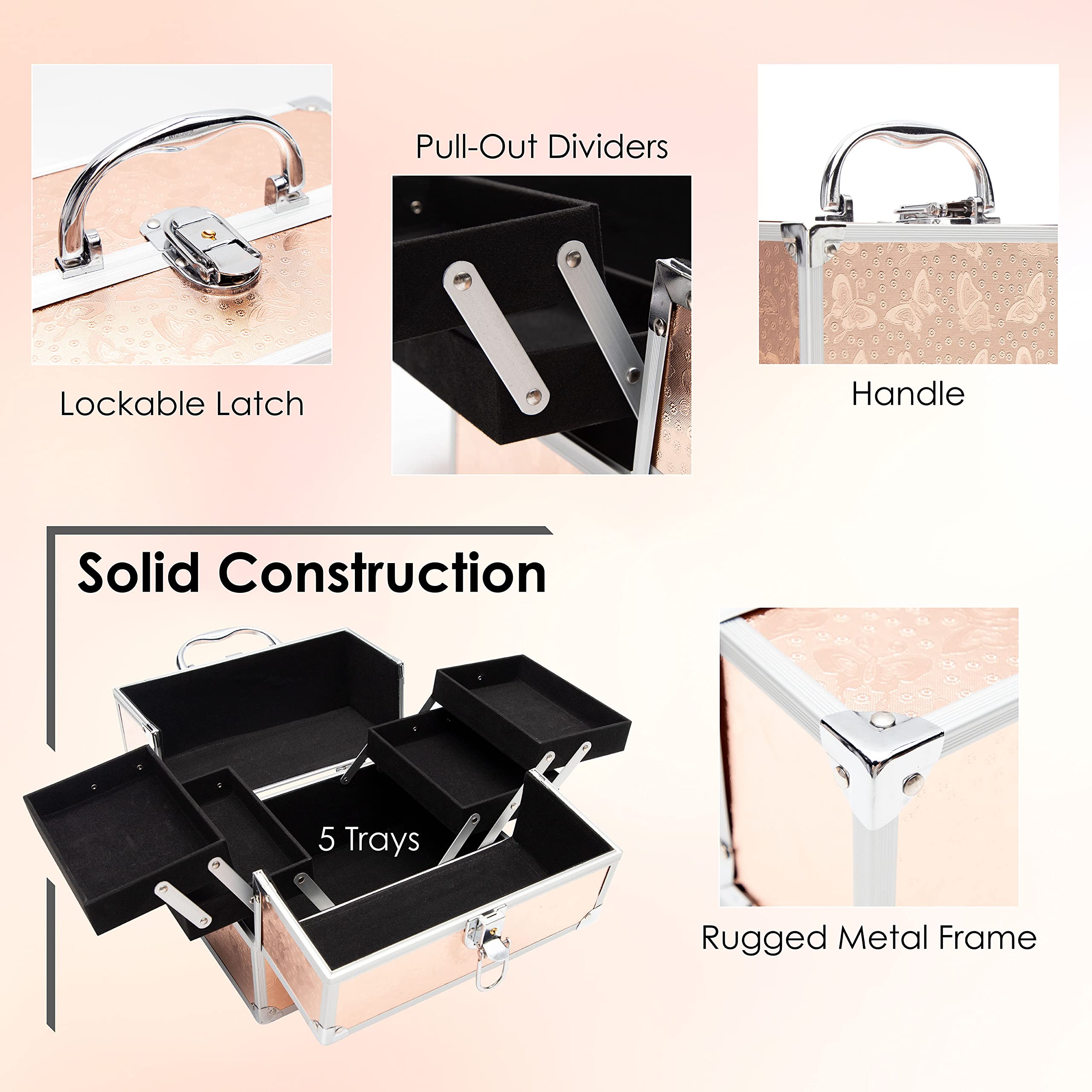 ZAK AND ZOEY Makeup Organizer - Cosmetics Organizer with 4 Trays & Bottom Compartment - Makeup Train Case with Latches & Handle - Makeup Case for Cosmetics & Tools, Rose Gold embossed butterfly