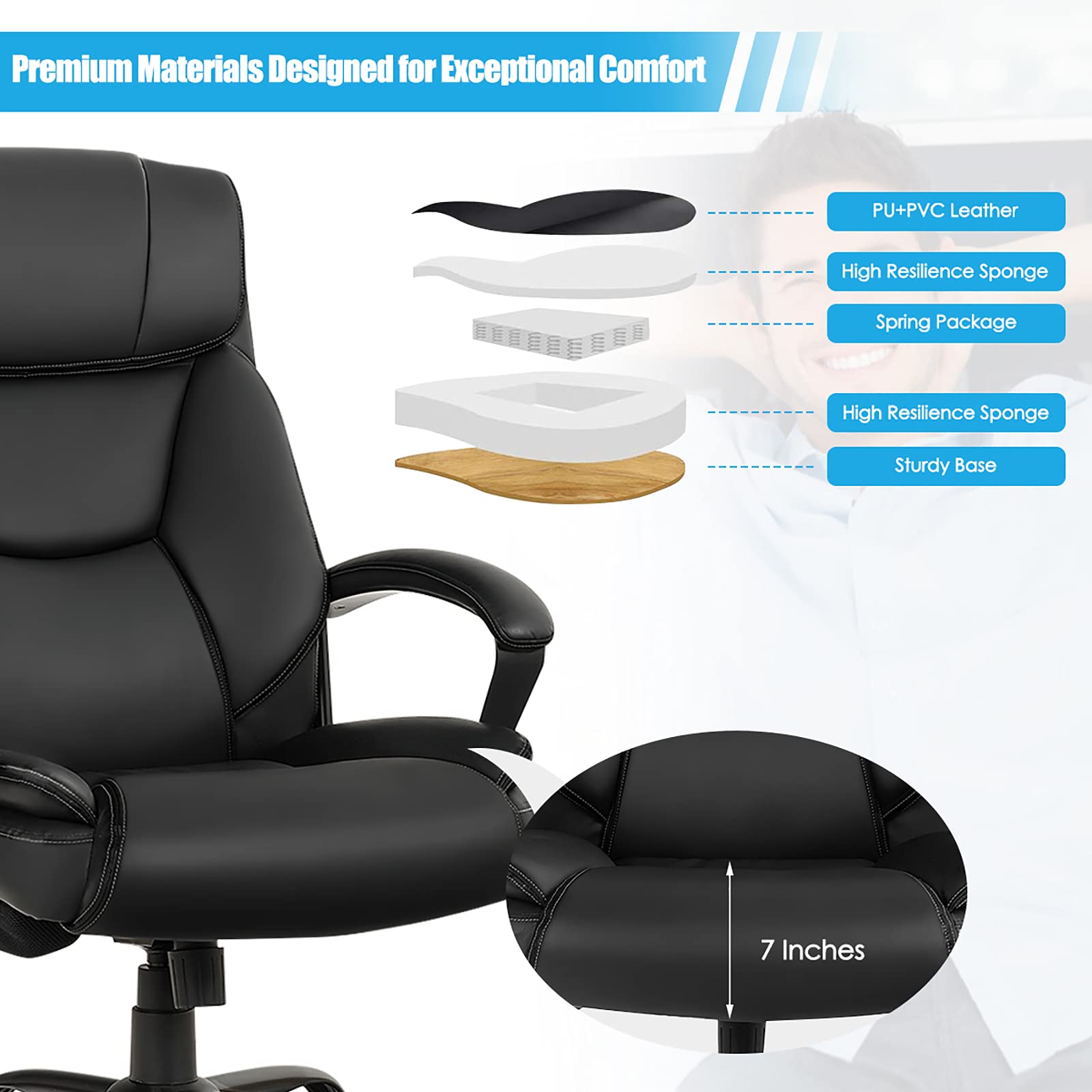 POWERSTONE Big and Tall Office Chair 500lbs PU Leather Ergonomic Massage Office Chairs Wide Seat High Back Adjustable Computer Chair Large Executive Chair Swivel Rolling Chair