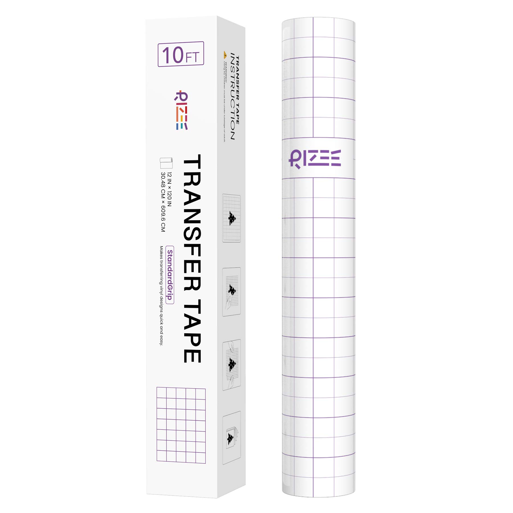 RIZEE Vinyl Transfer Tape, 12x120 Inches Standard Grip w/Alignment Grid Application Transfer Paper for Cricut, Silhouette Cameo, Adhesive Vinyl for Decals, Signs, Windows, Stickers