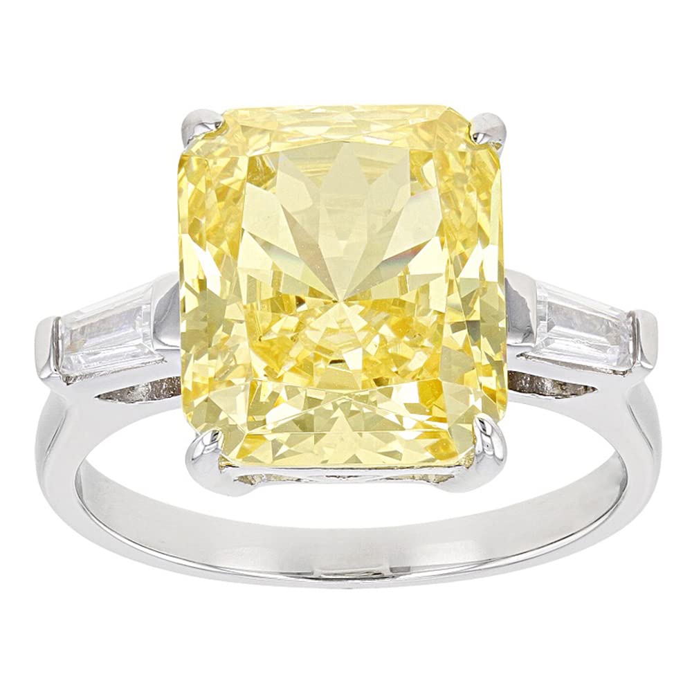 tusakha 12.02 Ctw Emerald Cut Yellow Sapphire & Cubic Zirconia 14K White Gold Over Statement Wedding Ring Size 9 For Women's