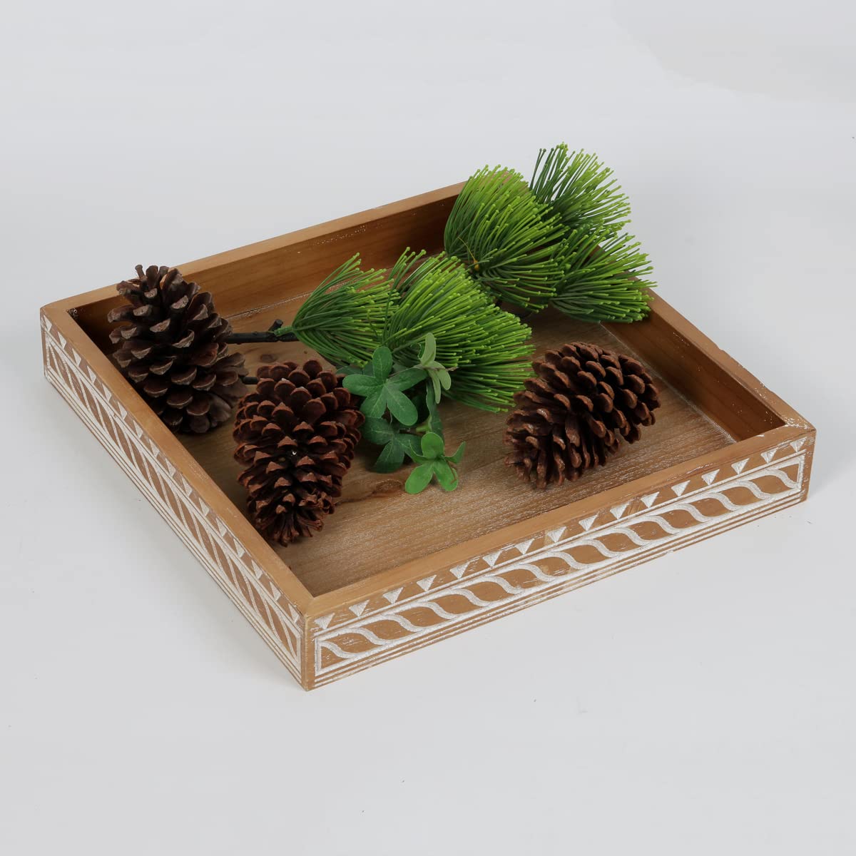 Thewense 12"x12" Farmhouse Decorative Ottoman Coffee Table Accent Tray,Perfect for Storage and Display, Small Square Wood Serving Tray for Office, Kitchen, Dining Room (Square Brown)