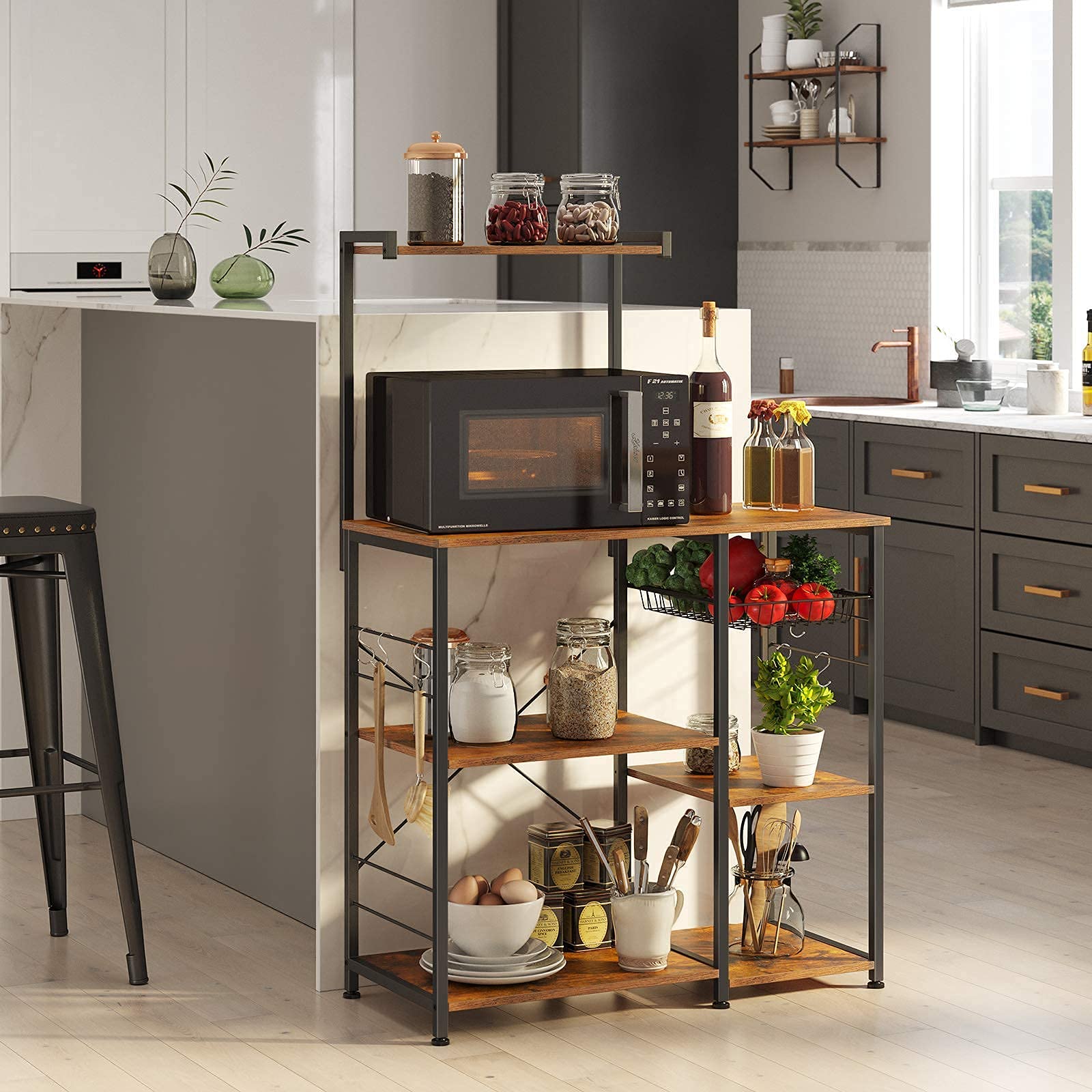 VASAGLE Coffee Bar and Baker’s Rack Bundle, Kitchen Storage Racks with Shelves, Hooks, for Microwave, Rustic Brown and Black UKKS17BX and UKKS35X