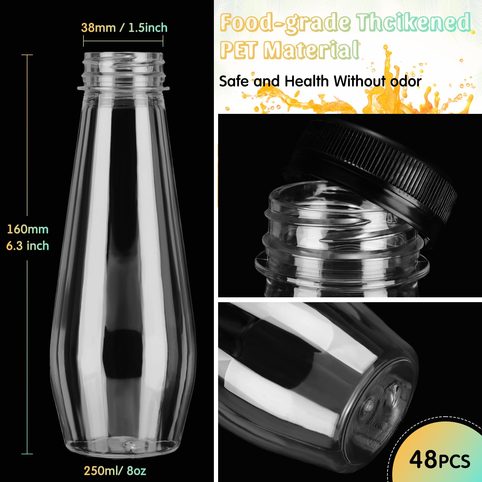 Mumufy 48 Pieces Plastic Juice Bottles Bulk with Caps, Small Reusable Juice Bottles Empty Clear Bottles Beverages Drink Containers Cone Mini Fridge Bottles for Juicing Smoothies Tea Milk (8 oz)
