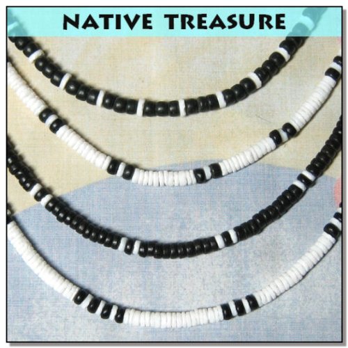 Native Treasure 18" (4 Pack) Mens and Womens Summer Beach Surfer Necklaces From the Philippines, White Ark Shells and Black Coconut Beads