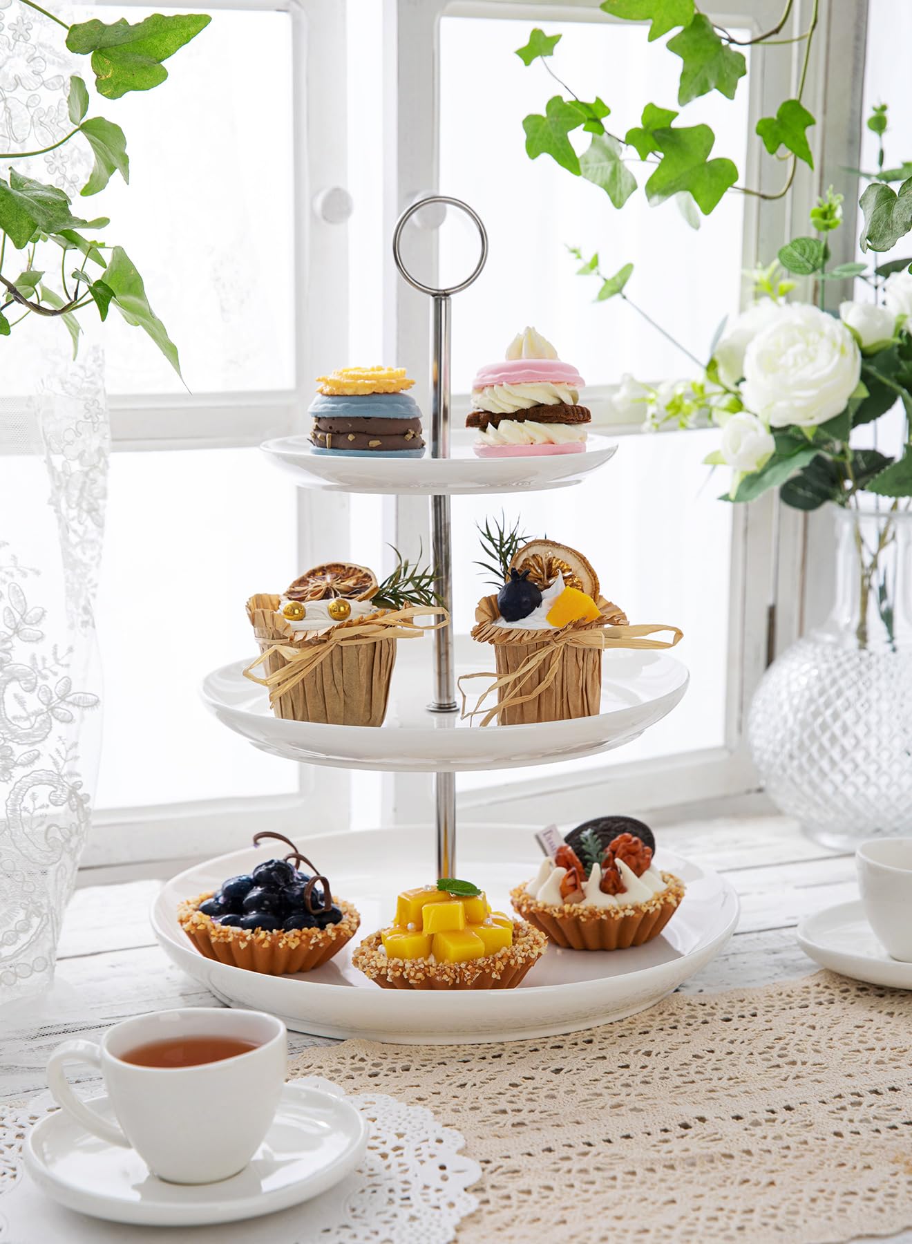 Sweese 10inch Porcelain Cake Stand Round Dessert Stand White + 3 Tier Cupcake Stand Porcelain Dessert Stand White