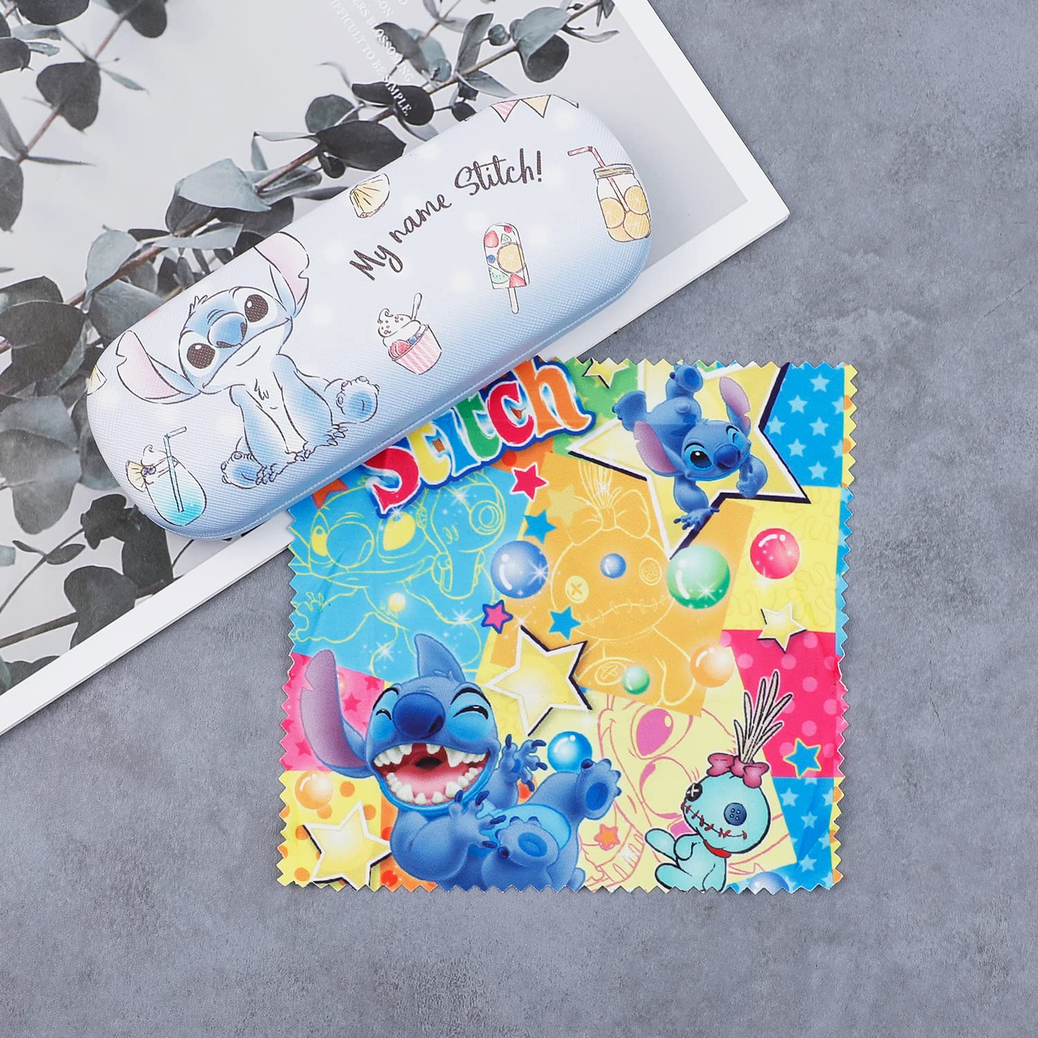 U-CHYTY Cartoon Stitch Hard Shell Eyeglasses Cases Kitty Protective Case with Glasses Cloth Storage Box Holder forTeen