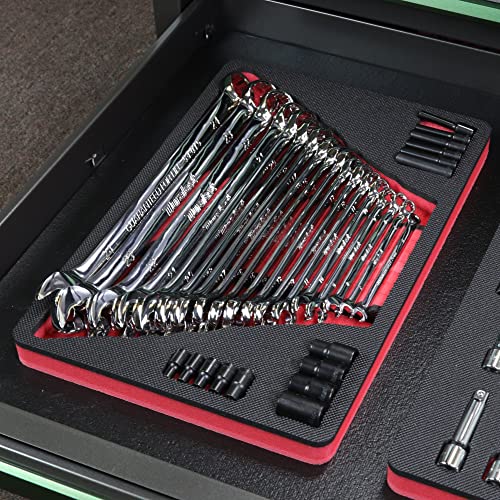 Polar Whale Tool Drawer Organizer Wrench Holder Insert Red and Black Durable Foam Strong Tray 15 x 10 Inches with 3 Pockets for Accessories Fits Duralast and Many Others