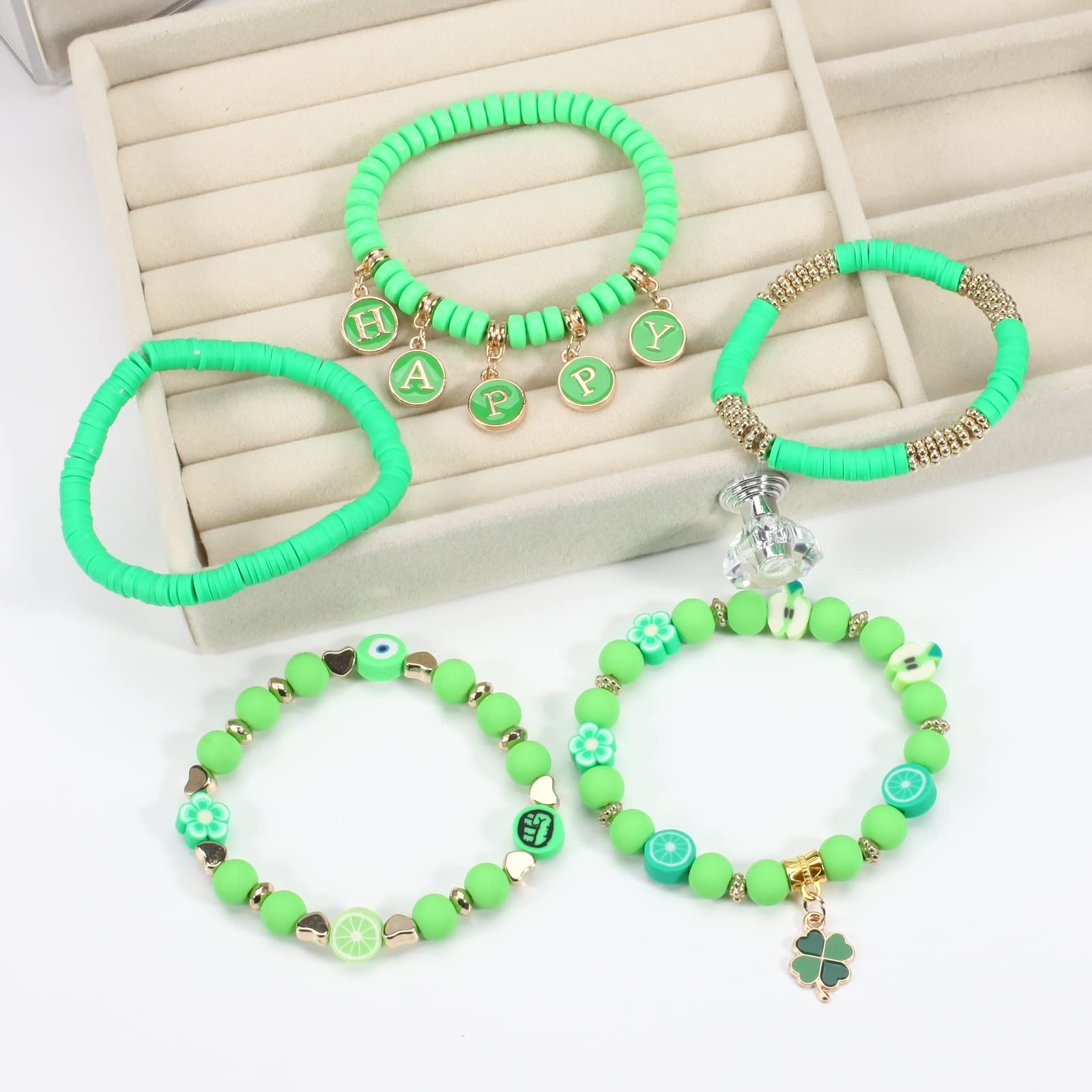 Twinfree St. Patrick's Day Bracelets for Women Stretch Stackable Green beads Bracelet with Shamrock HAPPY Letters