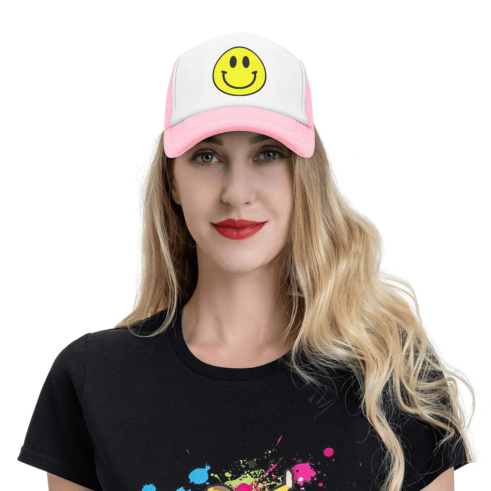 SeanAshby Yellow Logo Smile Adjustable Embroidered Mesh Baseball Hat Trucker Cap for Woman