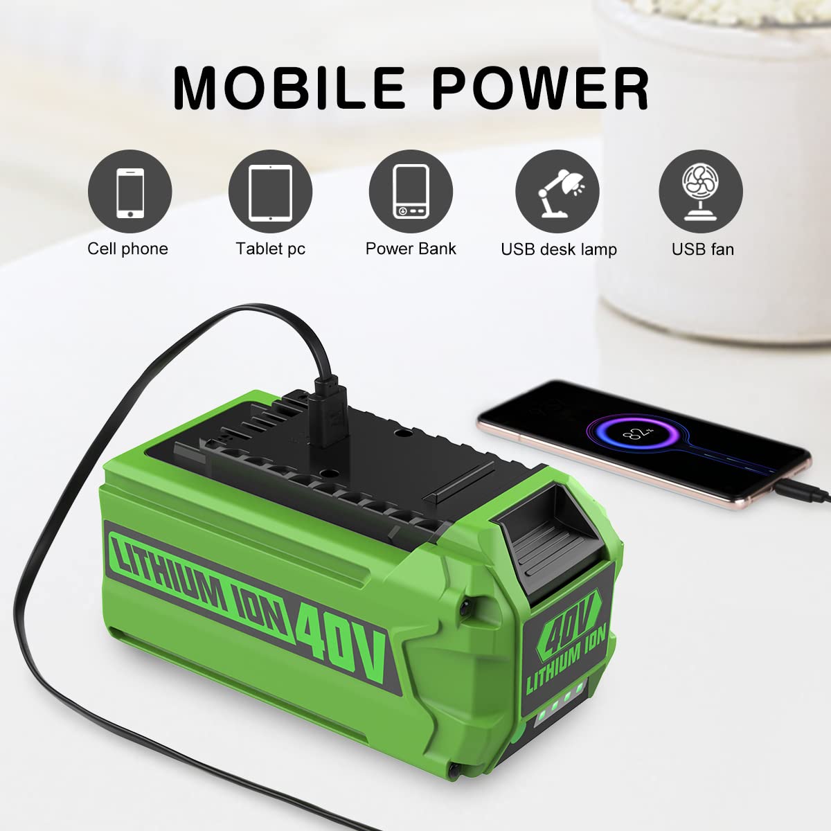 Powilling 6.5Ah 40V 29472 29462 Battery Replacement for Greenworks 40V Battery and Charger 29482 Compatible with Greenworks 40V G-MAX Power Tools 29252 20202 22262 Smart USB 40V Greenworks Battery