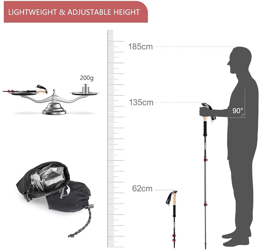 Naturehike Ultralight Trekking Poles, 100% 3K Carbon Fiber, Collapsible Hiking Poles, Telescopic Adjustable Walking Sticks for Backpacking Camping, Quick Locking, Carry Bag and Accessories Included