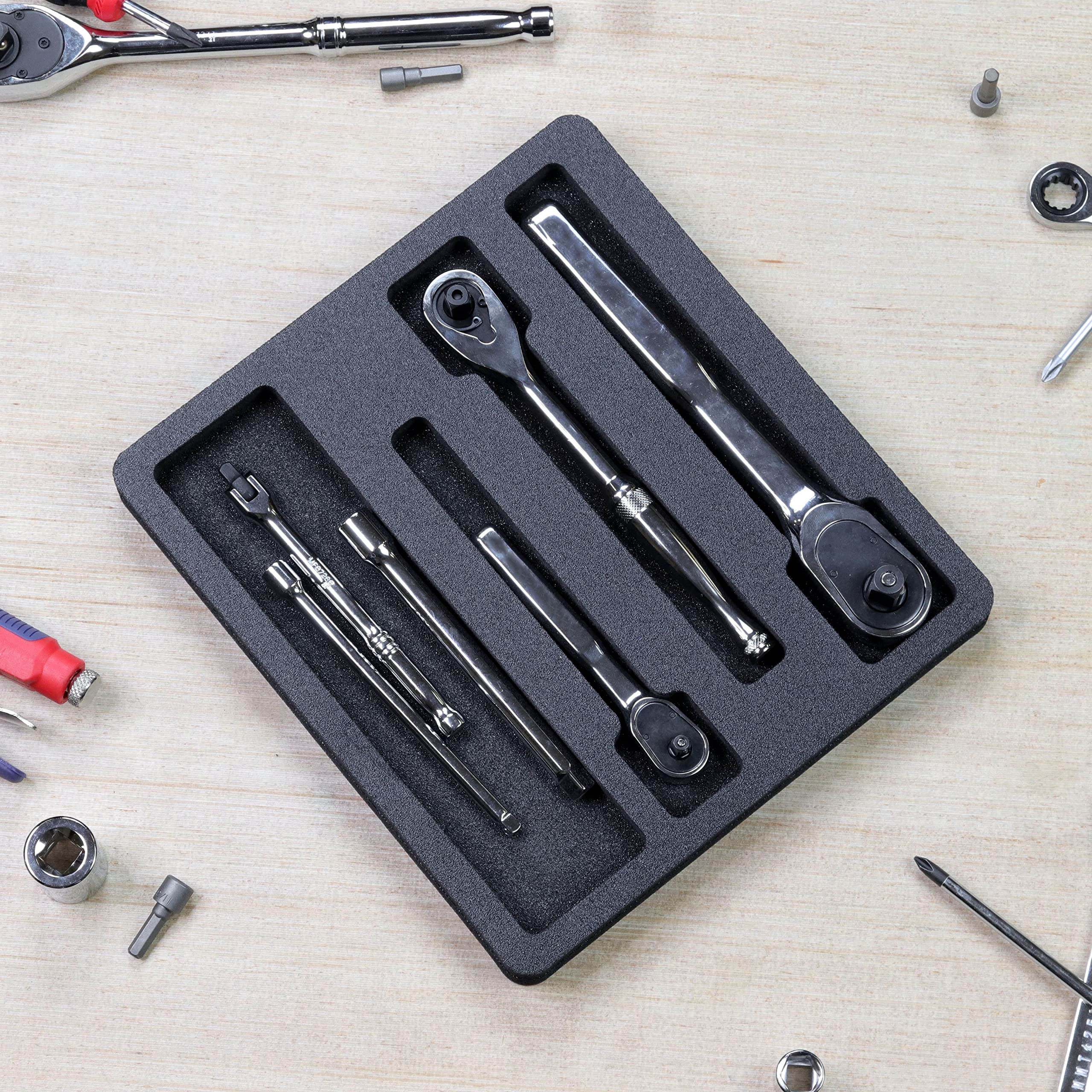 Polar Whale Tool Drawer Organizer Ratchet Socket Wrench Holder Insert Black Durable Foam Tray Holds 3 Ratchets or Extensions Up to 10 Inches Long Fits Craftsman Husky Kobalt Milwaukee Many More