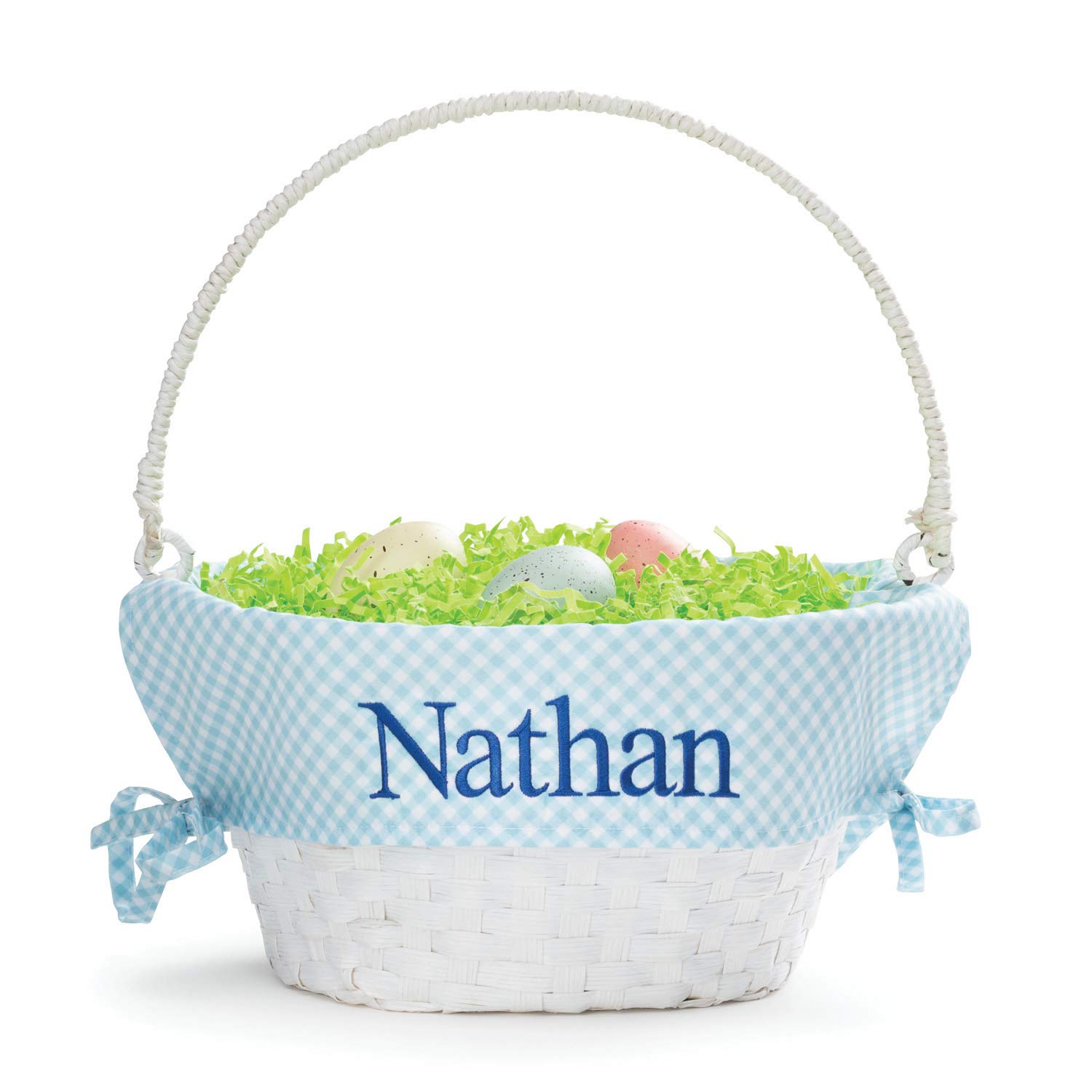 Personalized Easter Egg Basket with Handle and Custom Name | Blue Gingham Easter Basket Liners | White Basket | Woven Easter Baskets for Kids and Adults | Customized Easter Basket | Gift for Easter