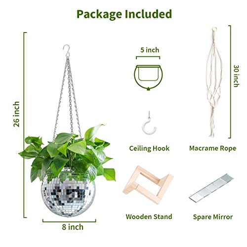 Veramz Disco Ball Planter 8" - Hanging Disco Ball Planter Pot with Macrame Rope Chain and Wooden Stand - with Drainage Hole and Plug - Mirror Ball Disco Decor Hanging Planter for Indoor Plants(Silver)