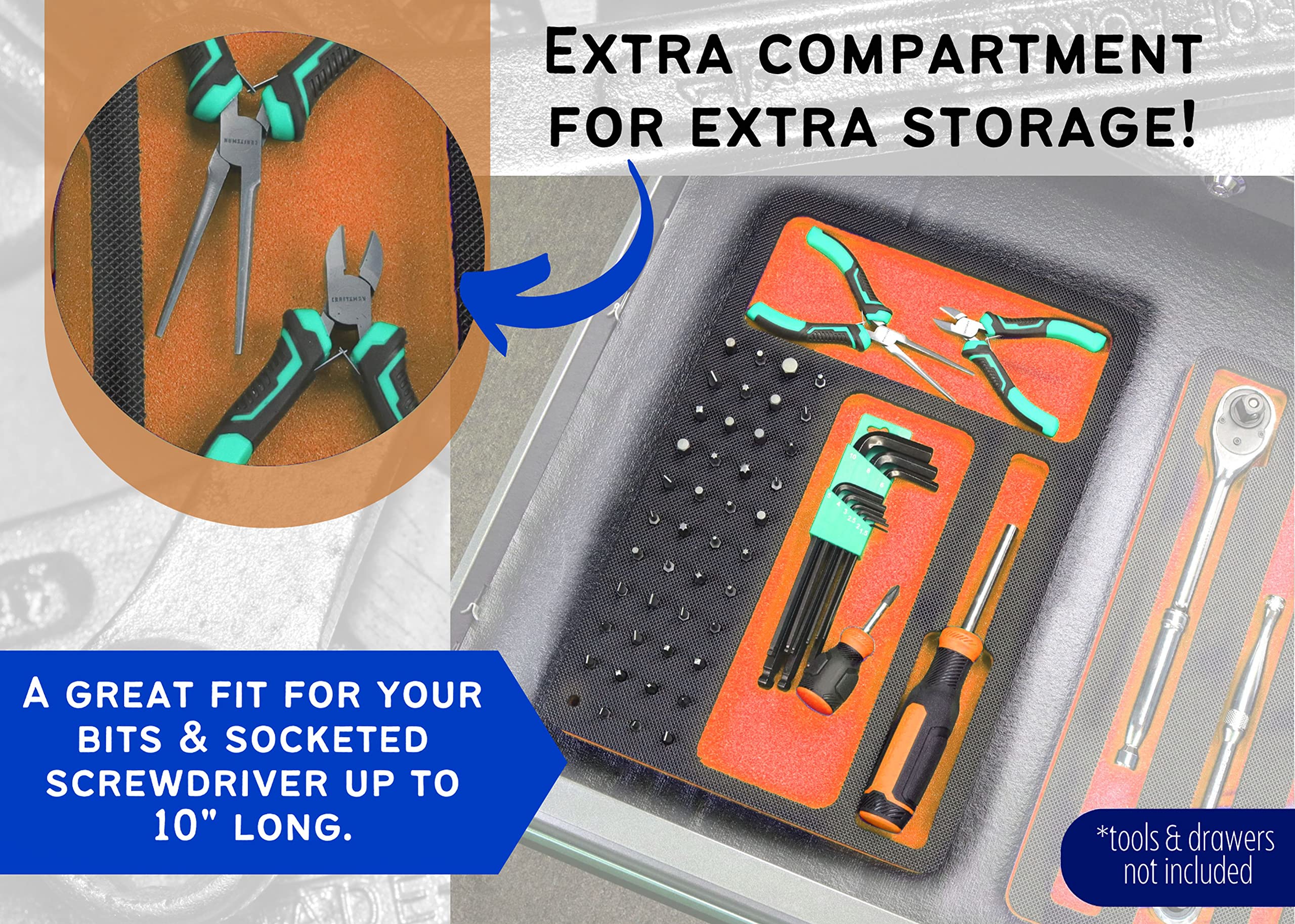 Polar Whale Tool Drawer Organizer Socketed Screwdriver Holder Insert Blue Black Durable Foam Tray 15 x 10 Inches Holds Drivers Up To 10 Inch Holds 44 Bits Fits Craftsman Husky Kobalt Milwaukee Others