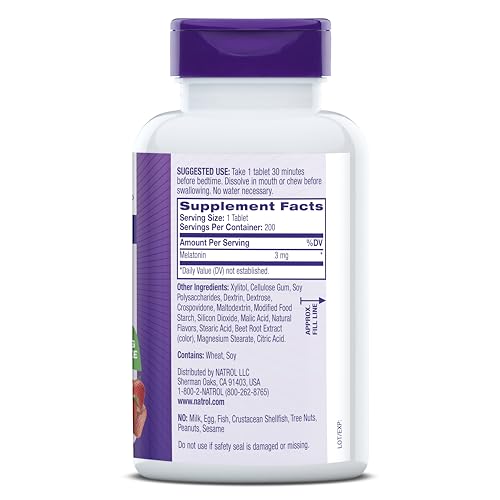 Natrol Melatonin 3mg, Strawberry-Flavored Dietary Supplement for Restful Sleep, 200 Fast-Dissolve Tablets, 200 Day Supply
