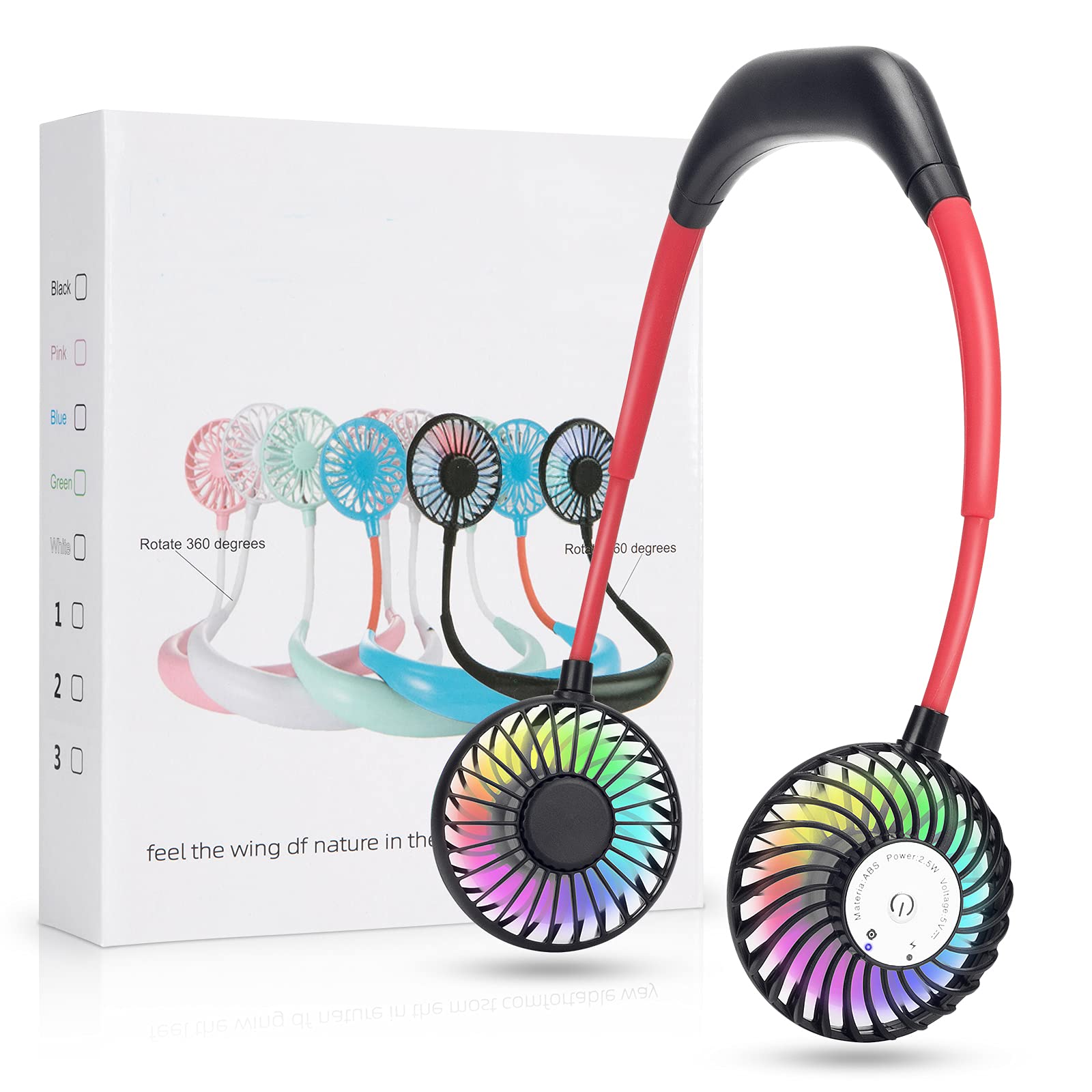Portable Neck Fan, Wearable Personal Fan with 3 Speed Air Flow, Rechargeable USB Fan with Aromatherapy & Led Light, Hands Free Fan for Summer Cooling