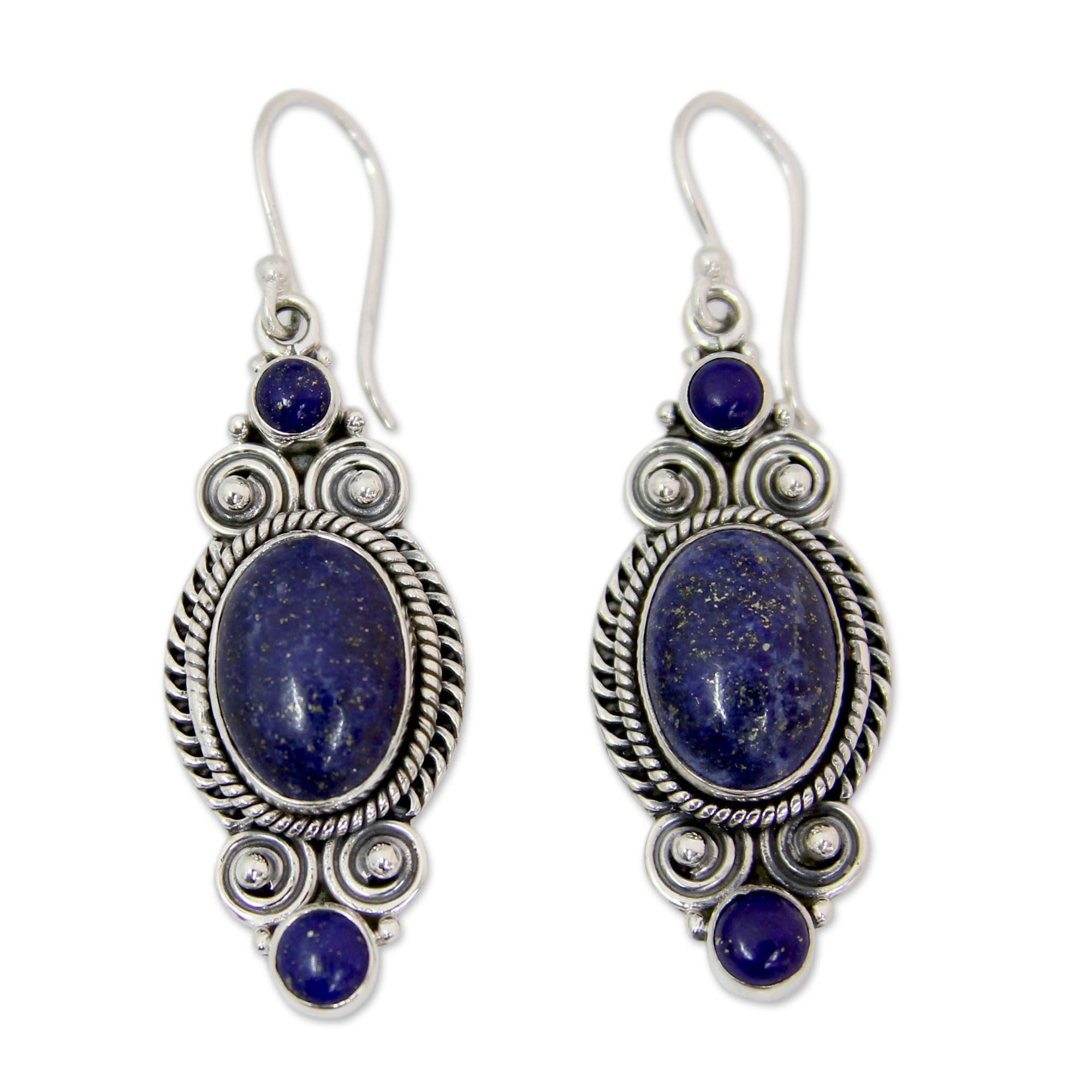 NOVICA Artisan Handmade Lapis Lazuli Dangle Earrings Ornate Sterling Silver with Blue India Snorkel Birthstone [2 in L x 0.6 in W x 0.3 in D] ' Johari Treasure'