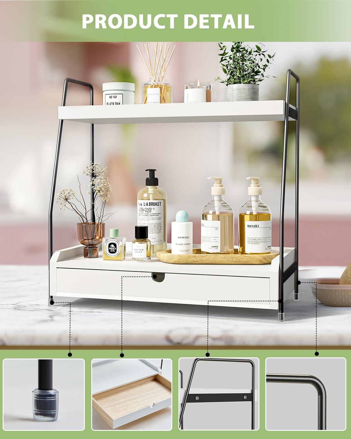 MONVANE 2-Tier Bathroom Organizer Countertop - Solid Wood Bathroom Counter Organizer with Drawer, Simple Standing Vanity Tray for Bathroom Organization and Bathroom Storage (White and Black)