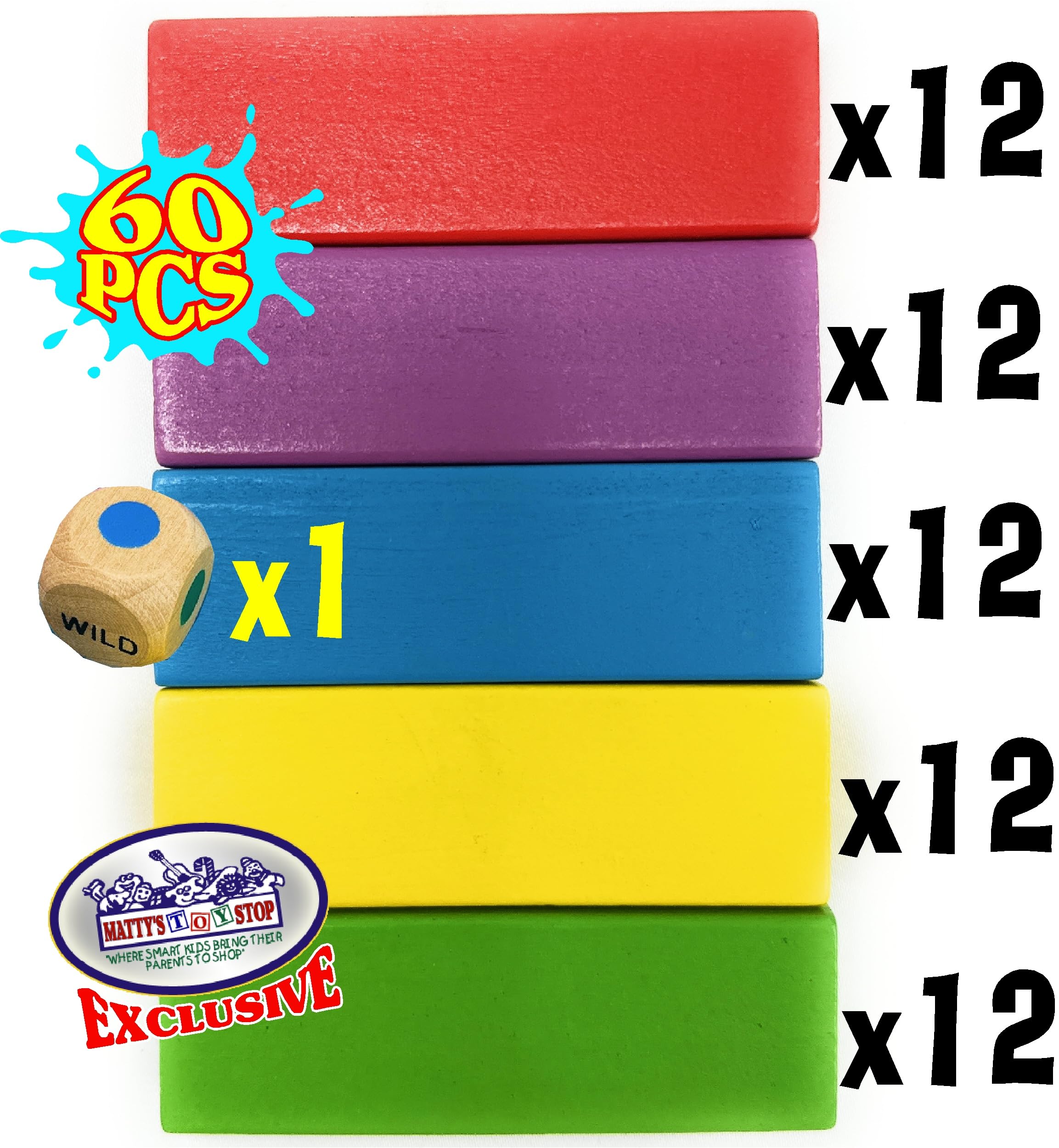Matty's Mix-Up 60pc Large Colorful Wooden Tumble Tower Deluxe Stacking Game with Storage Bag