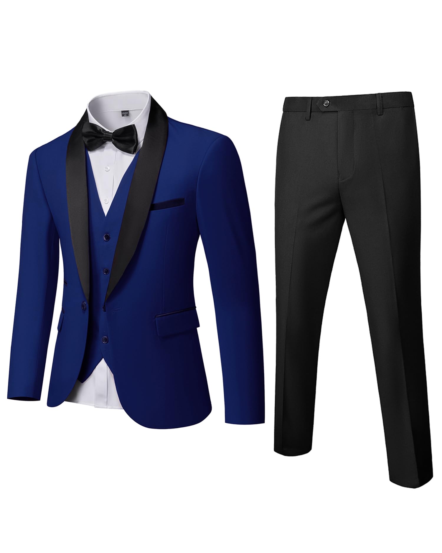 MrSure Men's 3 Piece Slim Fit Suit, One Button Shawl Lapel Tuxedo, Premium Dinner Jacket Vest Pants & Tie Set Royal Blue