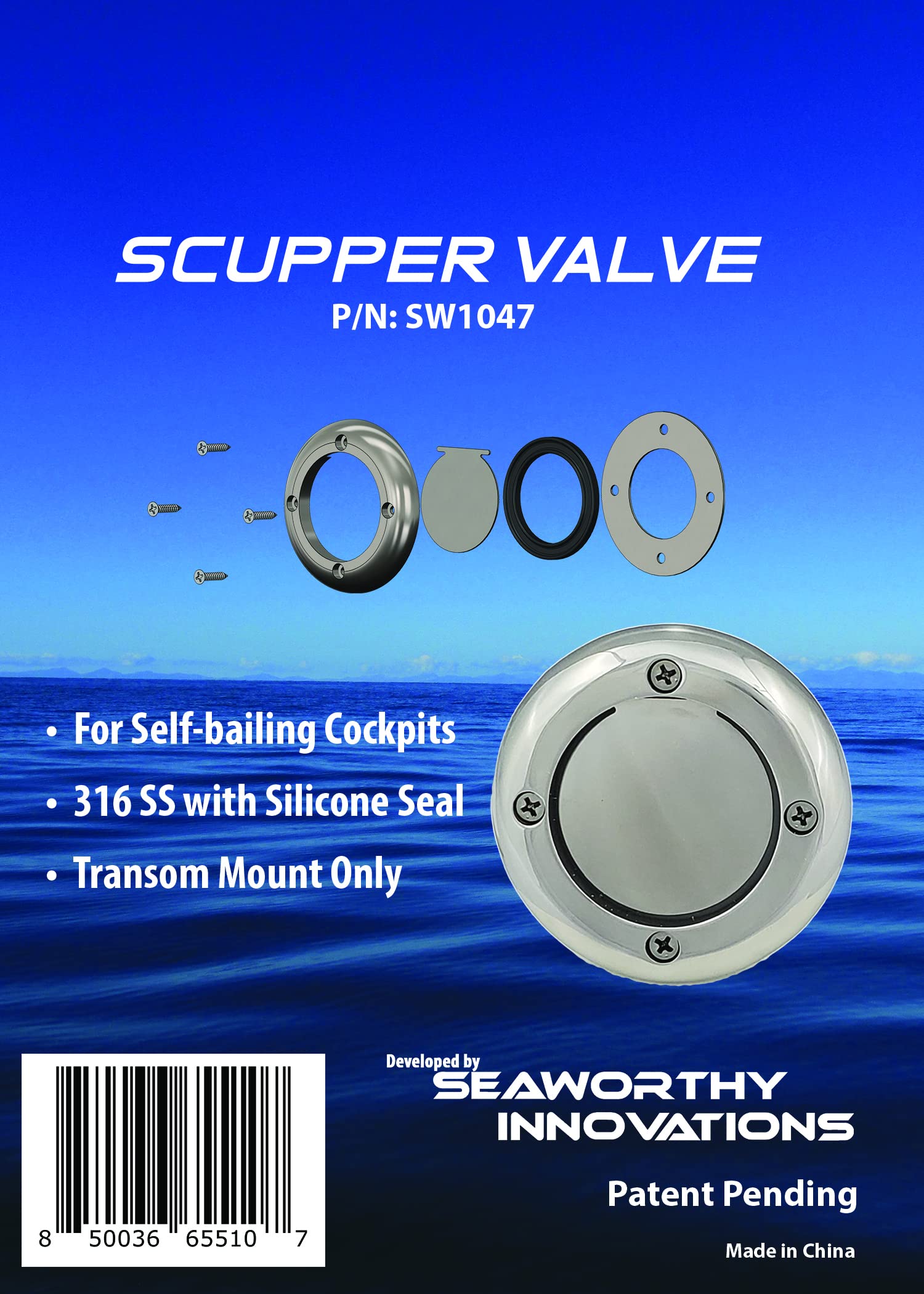 SEAWORTHY INNOVATIONS 316 Stainless Steel Boat Scupper Assembly with Hinged Stainless Flapper (P/N SW1047)