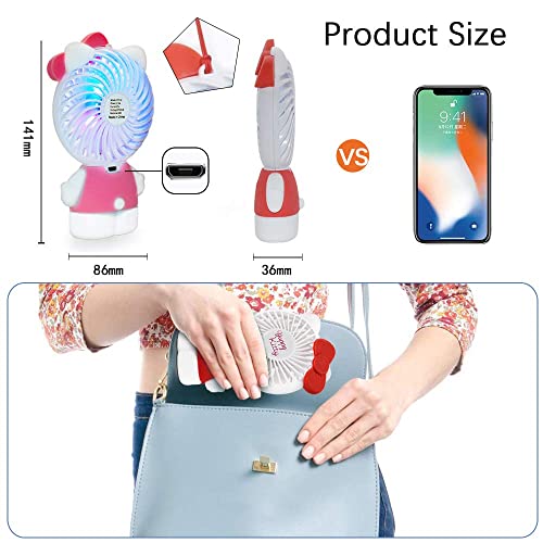 Portable Personal Small Desk Fan, Mini fans USB Battery operated Cute Kitty Cat Design, With Small Night Light And LED Colorful Atmosphere Light (Pink)