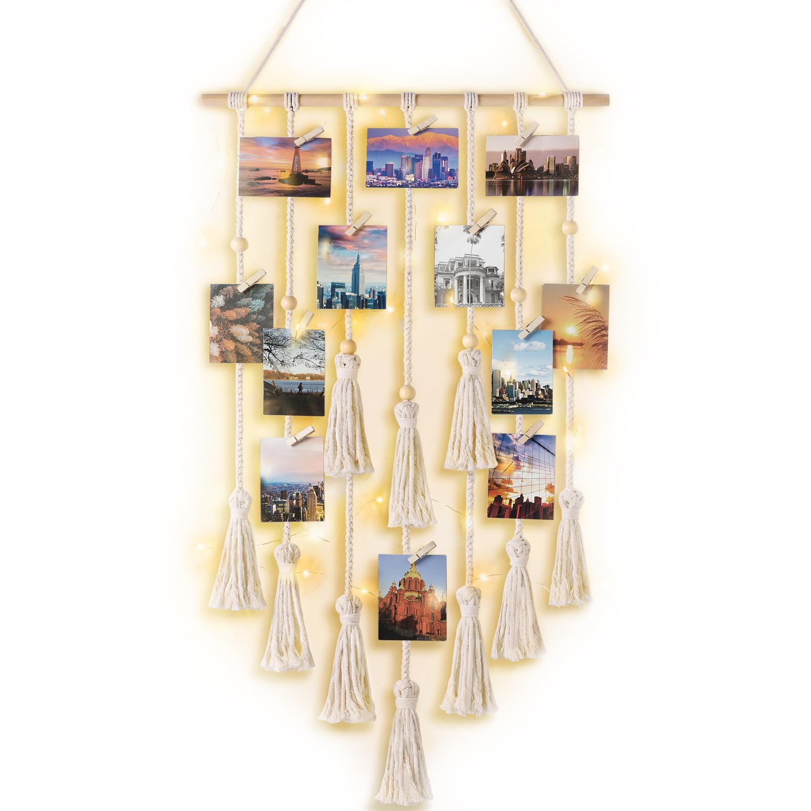 Mkono Hanging Photo Display Boho Macrame Wall Decor with Light, Teen Girl Teenage Gifts, Pictures Cards Frame Holder Art Hanger for Birthday Party Room Bedroom Dorm, with 30 Wood Clips, Ivory
