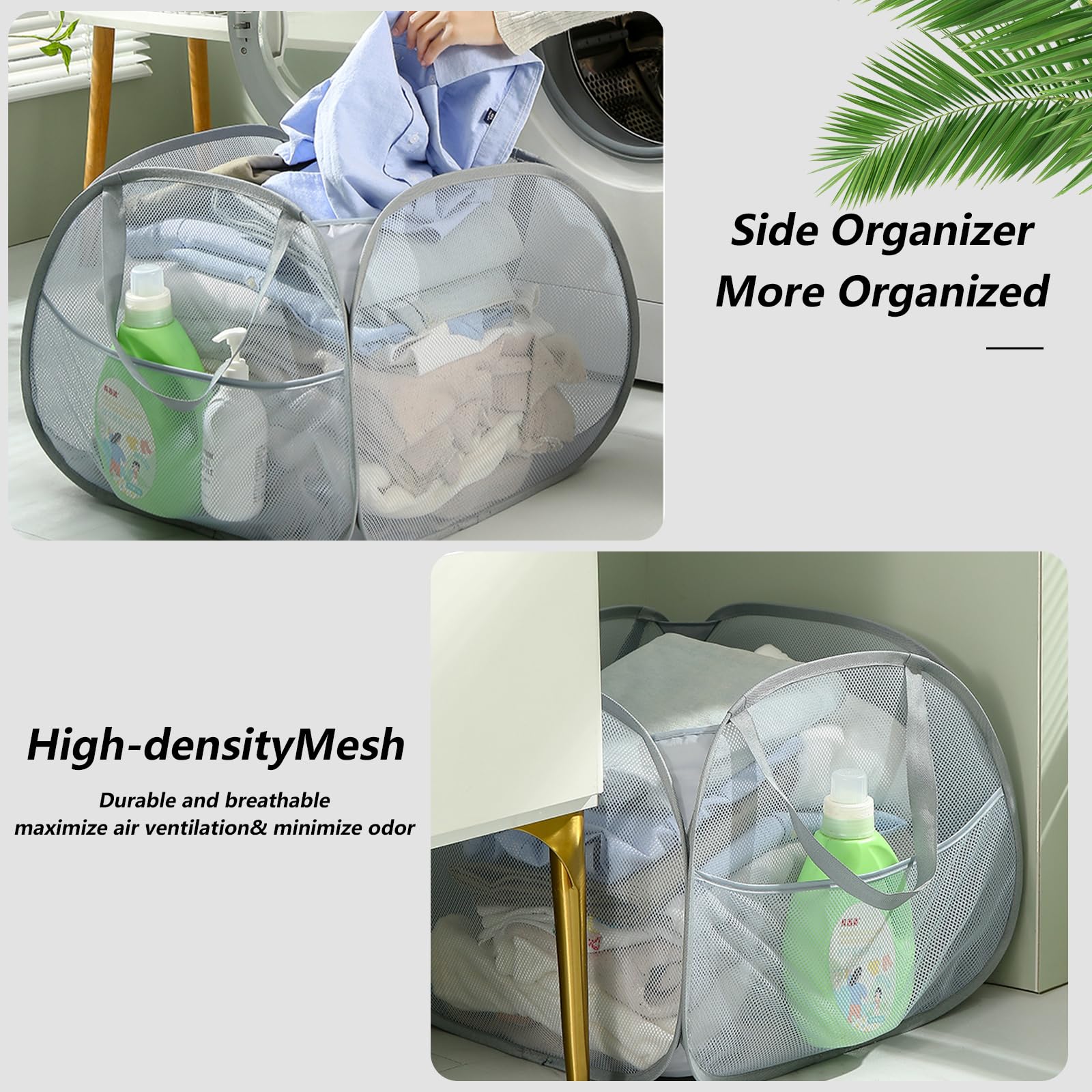 YTEACIUL 2Pcs Collapsible Laundry Baskets,Gray Mesh Pop Up Laundry Basket,Space-Saver with Side Pocket,Portable & Versatile Bathroom and Home Organizer for Laundry and Storage (90L)
