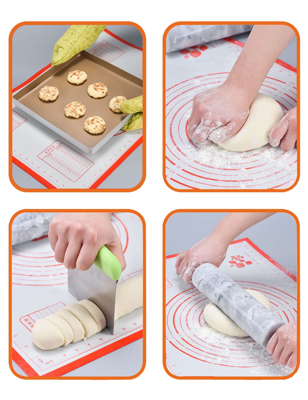 Silicone Dough Mat Non Stick Pastry Mat with Measurement Silicone Mats for Kitchen Counter Reusable Baking Mat Pie Crust Mat with Oil Brush and Dough Scraper(24" x 32",Red)