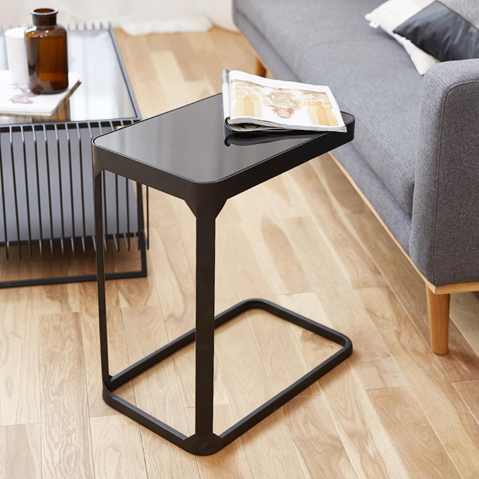 Middai End Table C-Shaped, Living Room Narrow Side Tables 20D X 12W X 22" H, Black Tempered Glass Top, Bedside Snack Table(Size:50 * 30 * 55CM,Color:Black)
