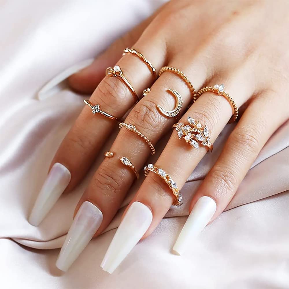 Uarein Boho Gold Stacking Rings for Women, Knuckle Stackable Star Moon Flower Joint Finger Rings Set (A)