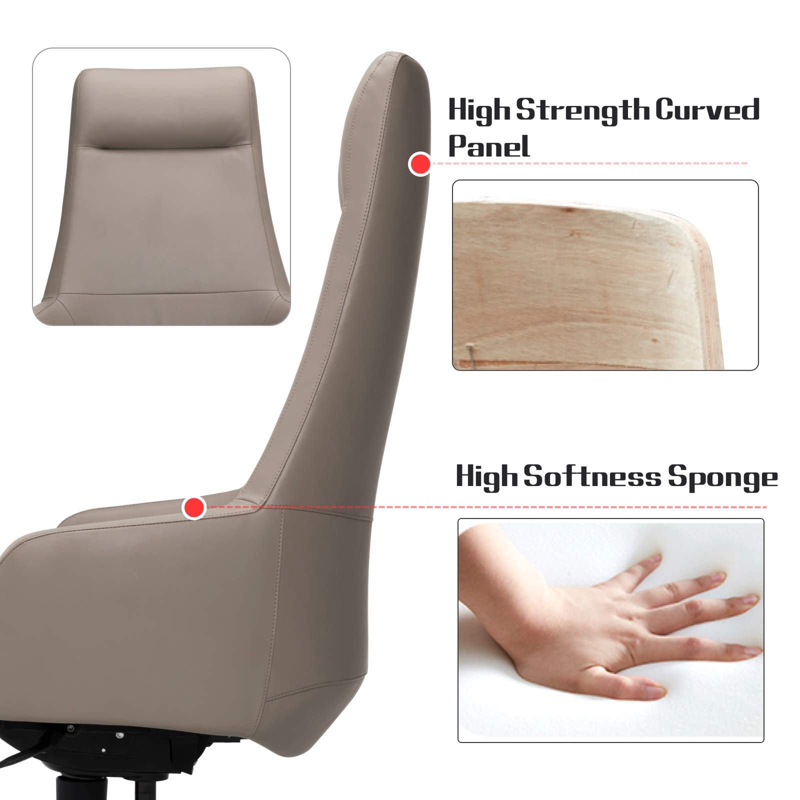 Office Chair Ergonomic Desk Chair Leather Chair Lumbar Support Skate Style Wheels Adjustable Stool Rolling Swivel Chair for Grey