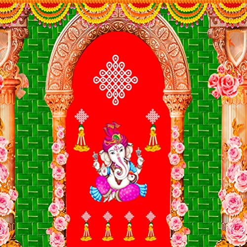 SATVIK 8x5ft. Fabric Backdrop for Indian Pooja Décor Ganpati Photo Traditional Puja Cloth Backdrop Mehndi Diwali Festival Marigold Flower Garland Tulle Curtain Wedding Bridal Baby Shower Wall Banner