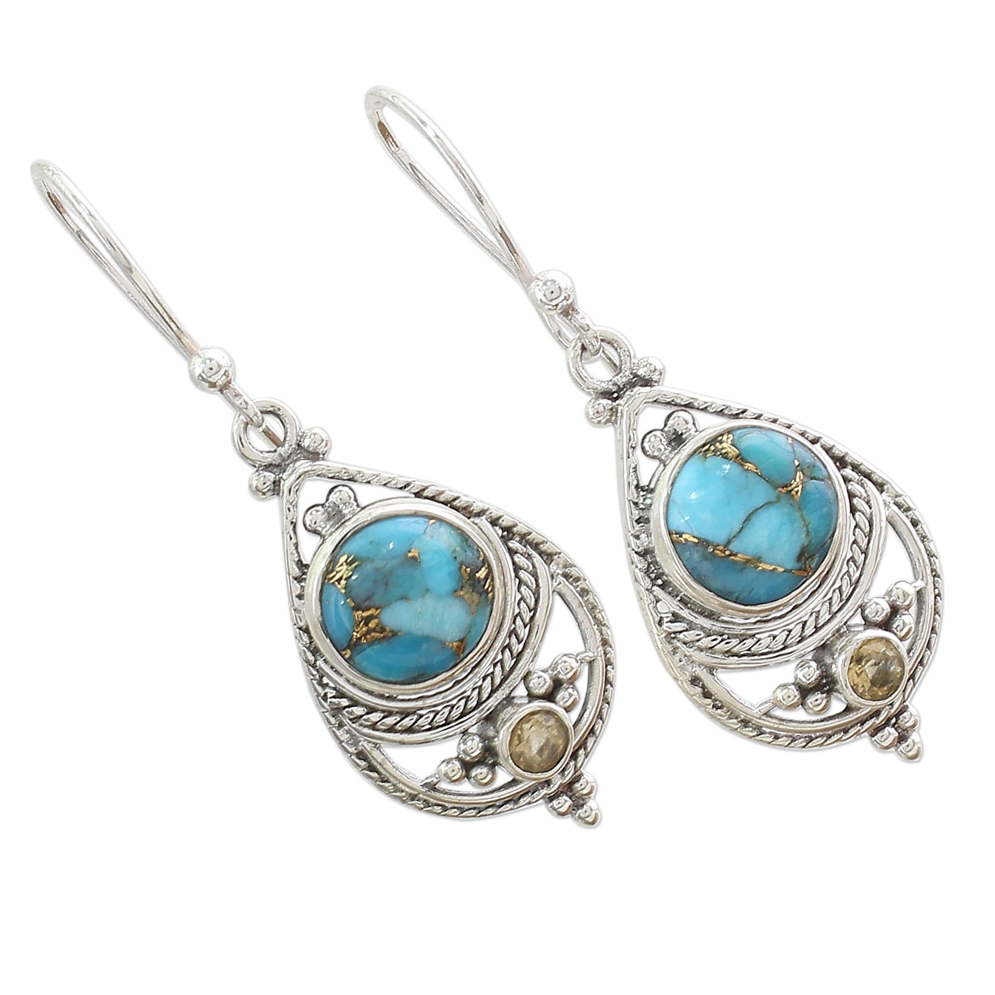 NOVICA Artisan Handmade Citrine Dangle Earrings Composite Turquoise from India [6.75 in min L x 8 in max L 1 mm W Pendant(s) 0.4 in L x 0.8 in W x 0 in D] ' Azure Heaven'