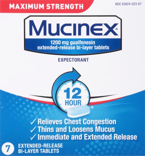 Mucinex 12 Hour Maximum Strength 1200 mg Guaifenesin Extended-Release Tablets for Excess Mucus Relief, Expectorant Aids Excess Mucus Removal, Chest Congestion Relief, 7 Tablets