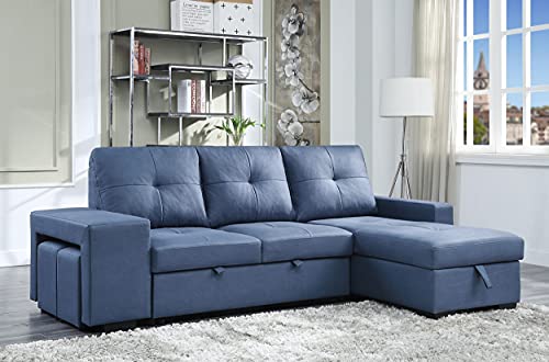 Sectional Sofa with Pull-Out Sleeper, HABITRIO Solid Wood&Blue Fabric Upholstered 97" L-Shaped Sofa Bed&Reversible Storage Chaise Lounge, Side Table Armrest w/ 2 Ottoman, Seating Couch for Living Room