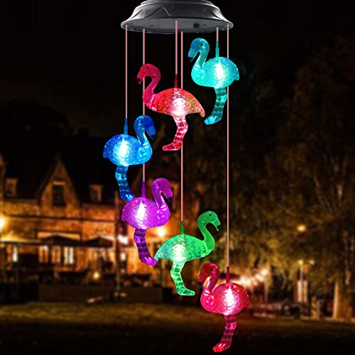 WANQDG Flamingo Solar Wind Chimes for Outside, Waterproof LED Solar Powered Memorial with Lights, Housewarming Gifts for Garden Outdoor Patio Yard Lawn Decor