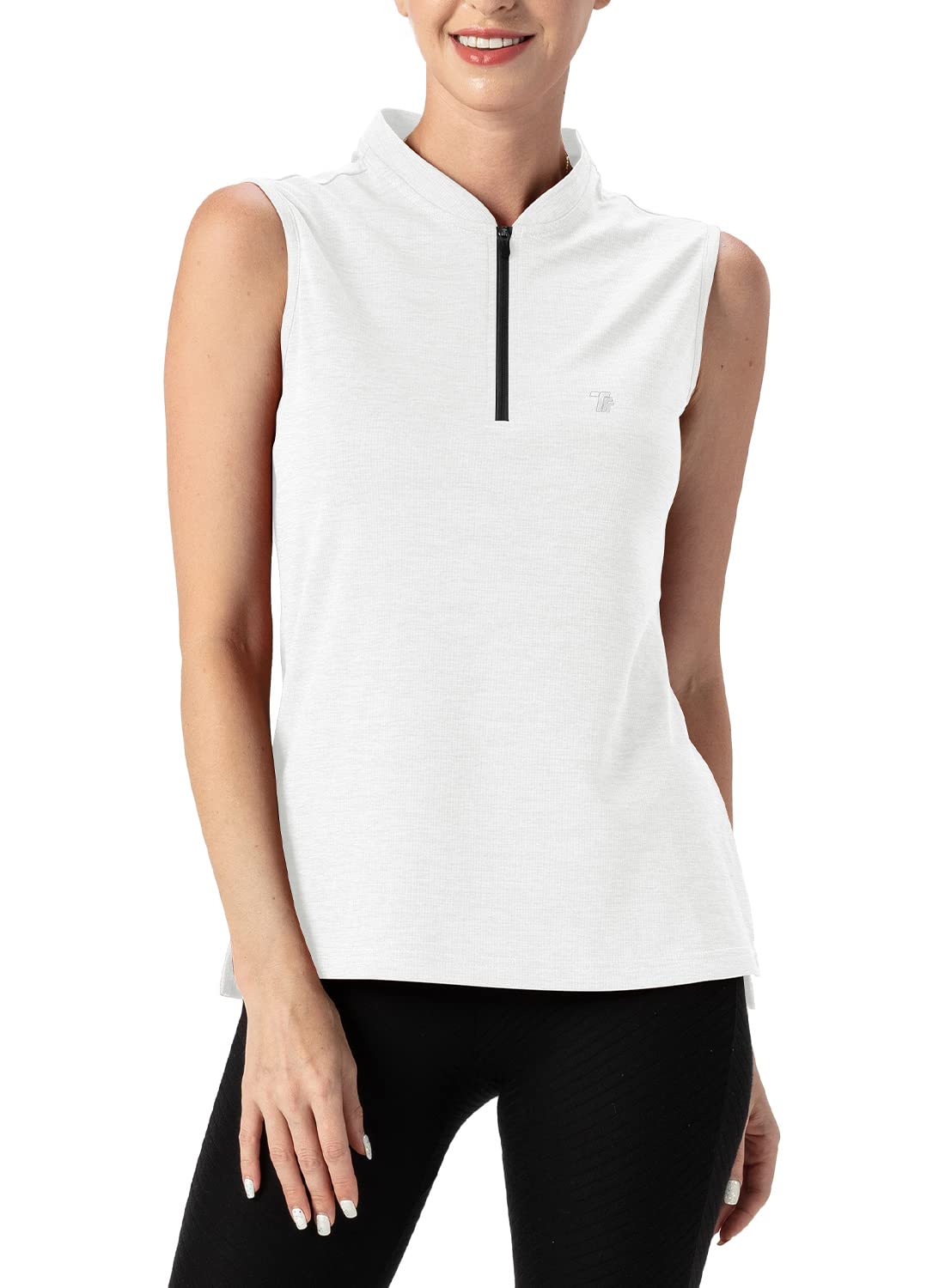 TBMPOY Women's UPF 50+ Golf Polo Shirts Sleeveless Zip Up Athletic Tank Tops Quick Dry White L