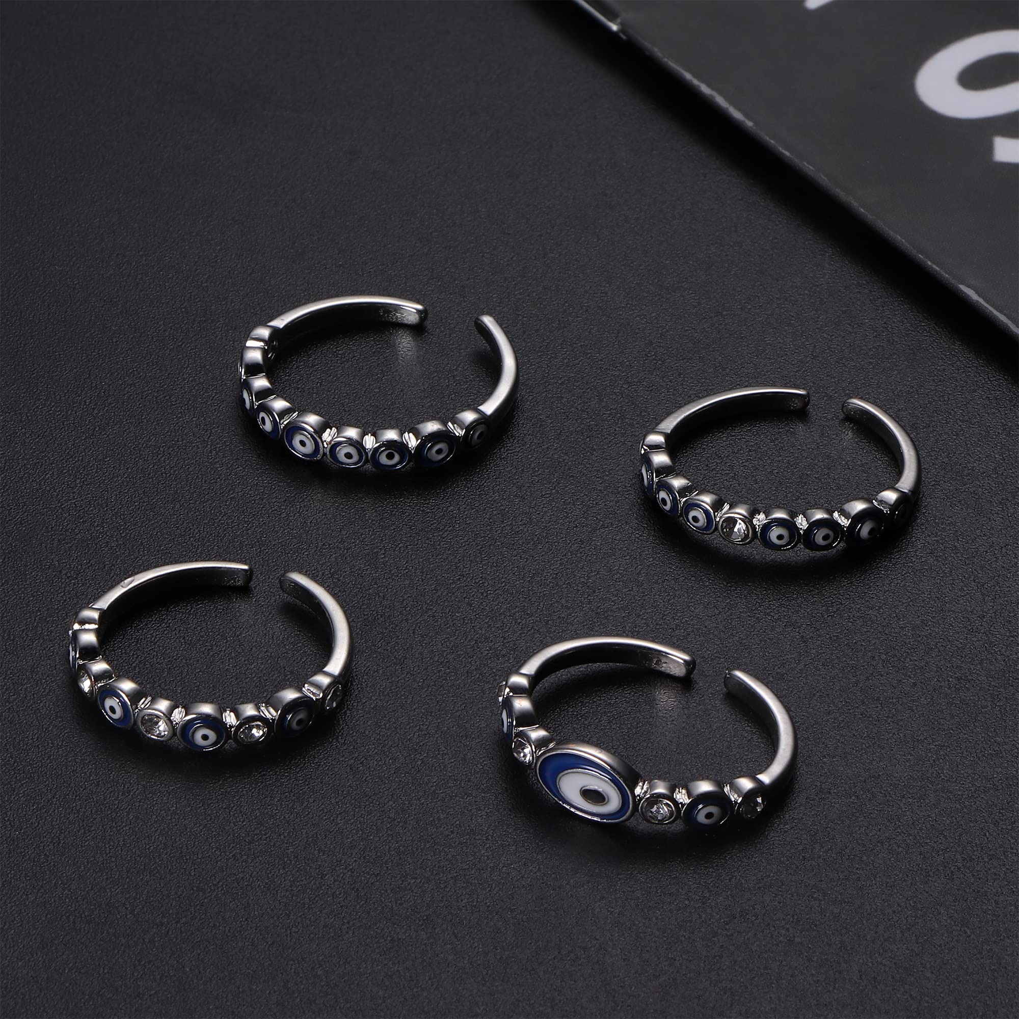Ubjuliwa 4 Pcs Evil Eye Rings for Women White Gold Plated Eye Ring Set Adjustable Open Ring Silver Dainty Cute Evil Eye Rings Protection Jewelry Gift