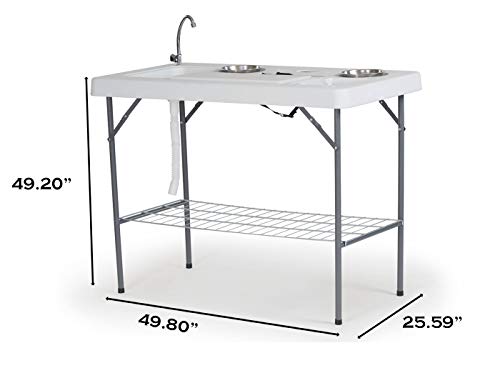 Old Cedar Outfitters Deluxe Fish Fillet Table, or Portable Folding Camping Kitchen with Cutting Board, Bowls, Knife, Odor Bar, Sink, Drain and More! 49.8" x 25.6" x 37.2", White,Camp
