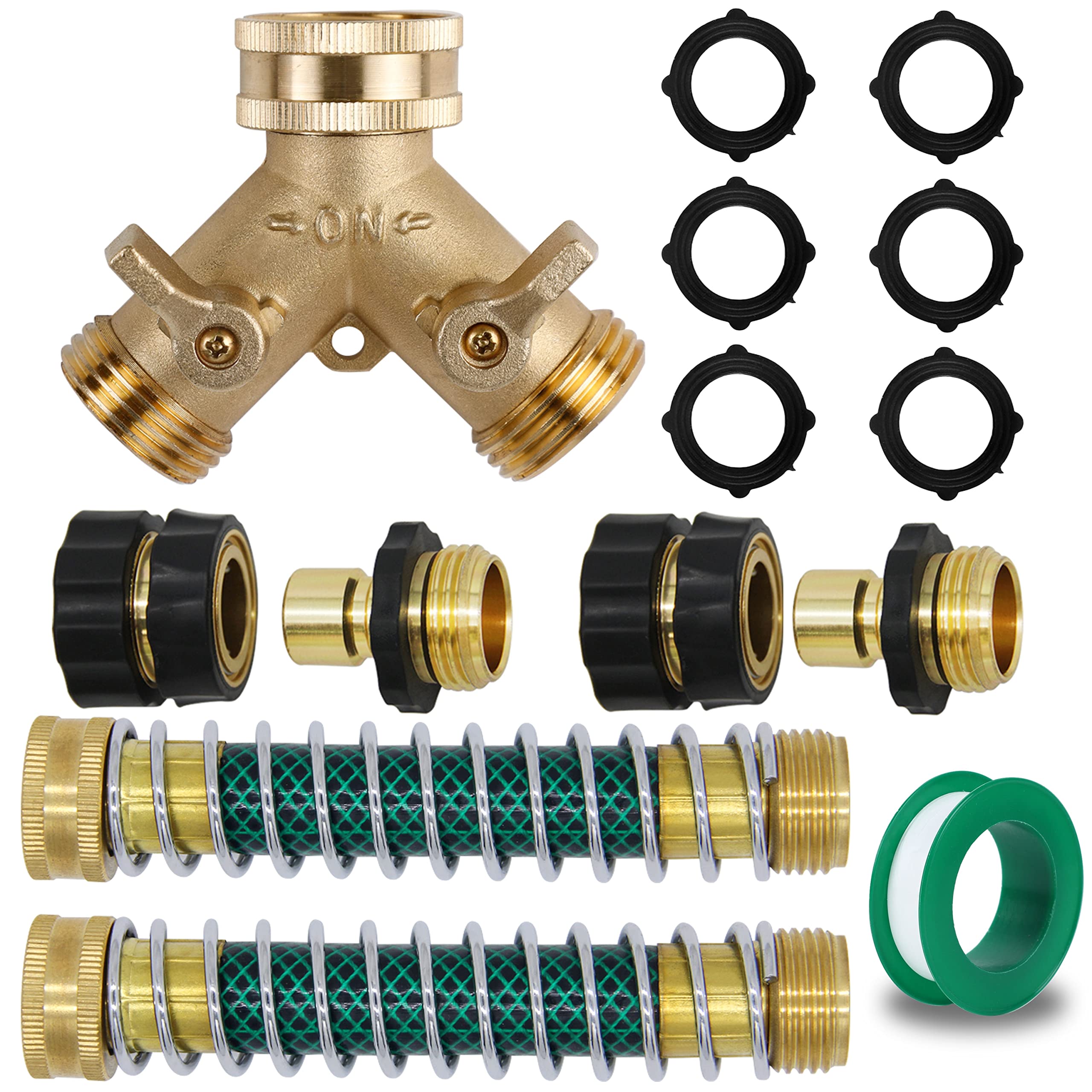 Triumpeek 2 Way Garden Hose Splitter, 3/4" Garden Hose Fitting Quick Connectors Female and Male, Hose Extension Adapter with Coil Spring Protector, 6 Rubber Washers & 1 Teflon Tape