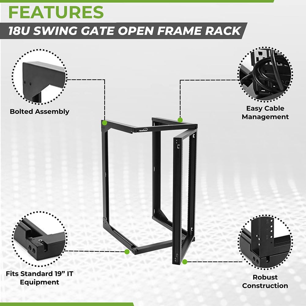 NavePoint 18U Server Rack with Swing Gate - 18U Wall Mount Rack for 19 Inch IT Equipment Open Frame Rack β Network Rack Wall Mount for AV & Server Equipment 18β Deep 18U Rack, Black