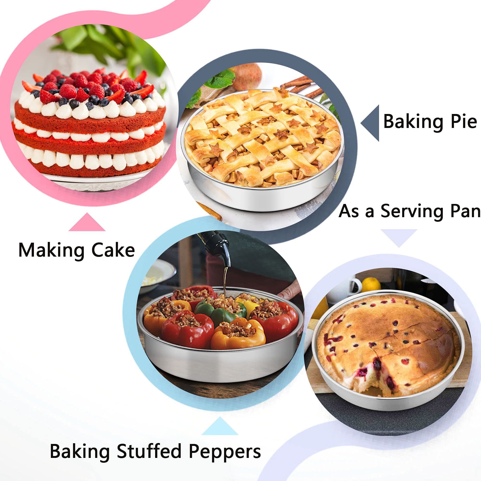 TeamFar 8 Inch Cake Pan Set of 3, Round Cake Pan Stainless Steel Round Baking Pan with 90 Pcs Round Parchment Papers & Parchment Paper Side Liner Roll(1.85 Inch ร 111.5Ft), Healthy & Dishwasher Safe