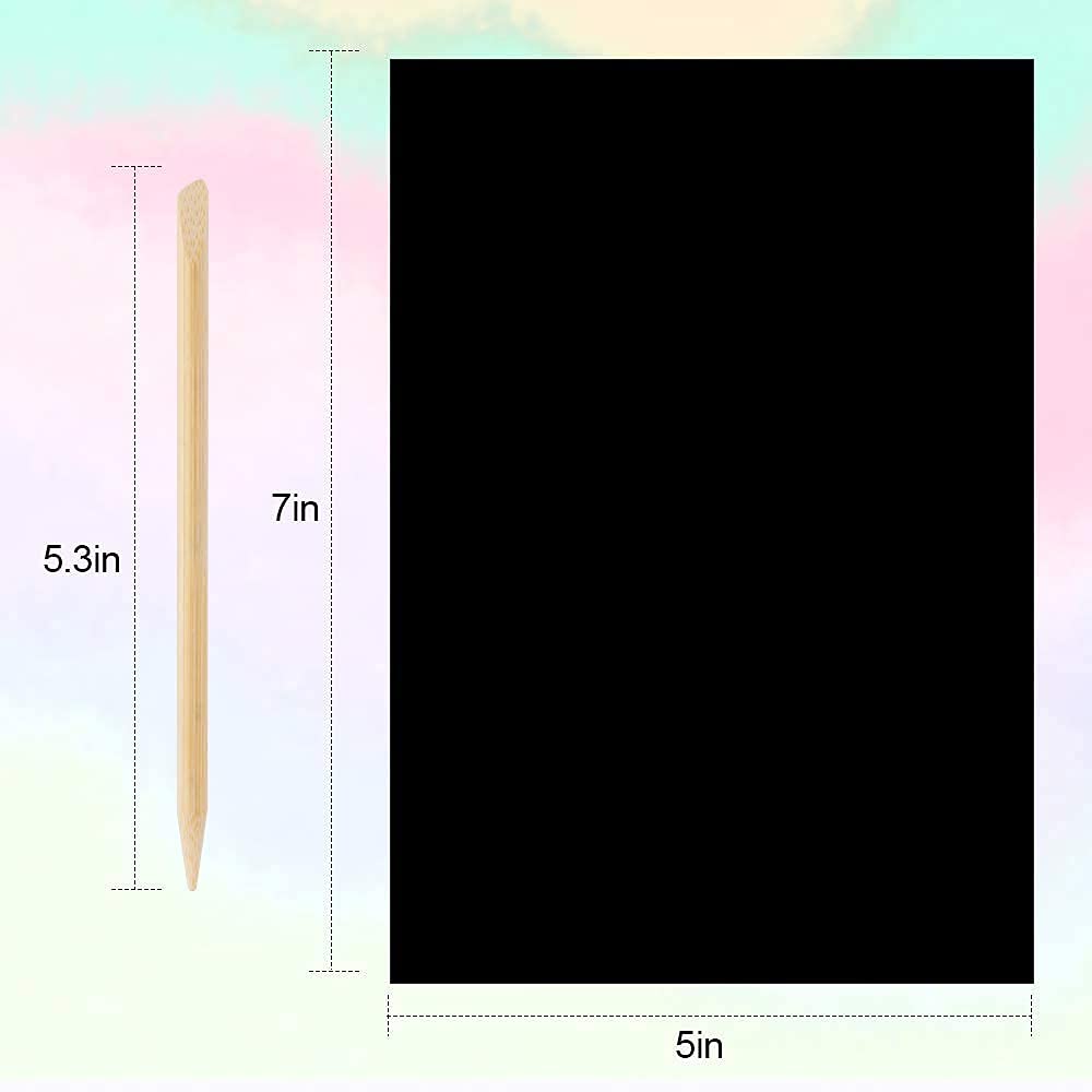 Mocoosy 60 Pcs Scratch Art Paper for Kids, Rainbow Magic Scratch Off Paper Set Art Craft Kit Black Scratch Paper Sheets with 4 Stencils 5 Wooden Stylus for Birthday Party Favors Game Activities