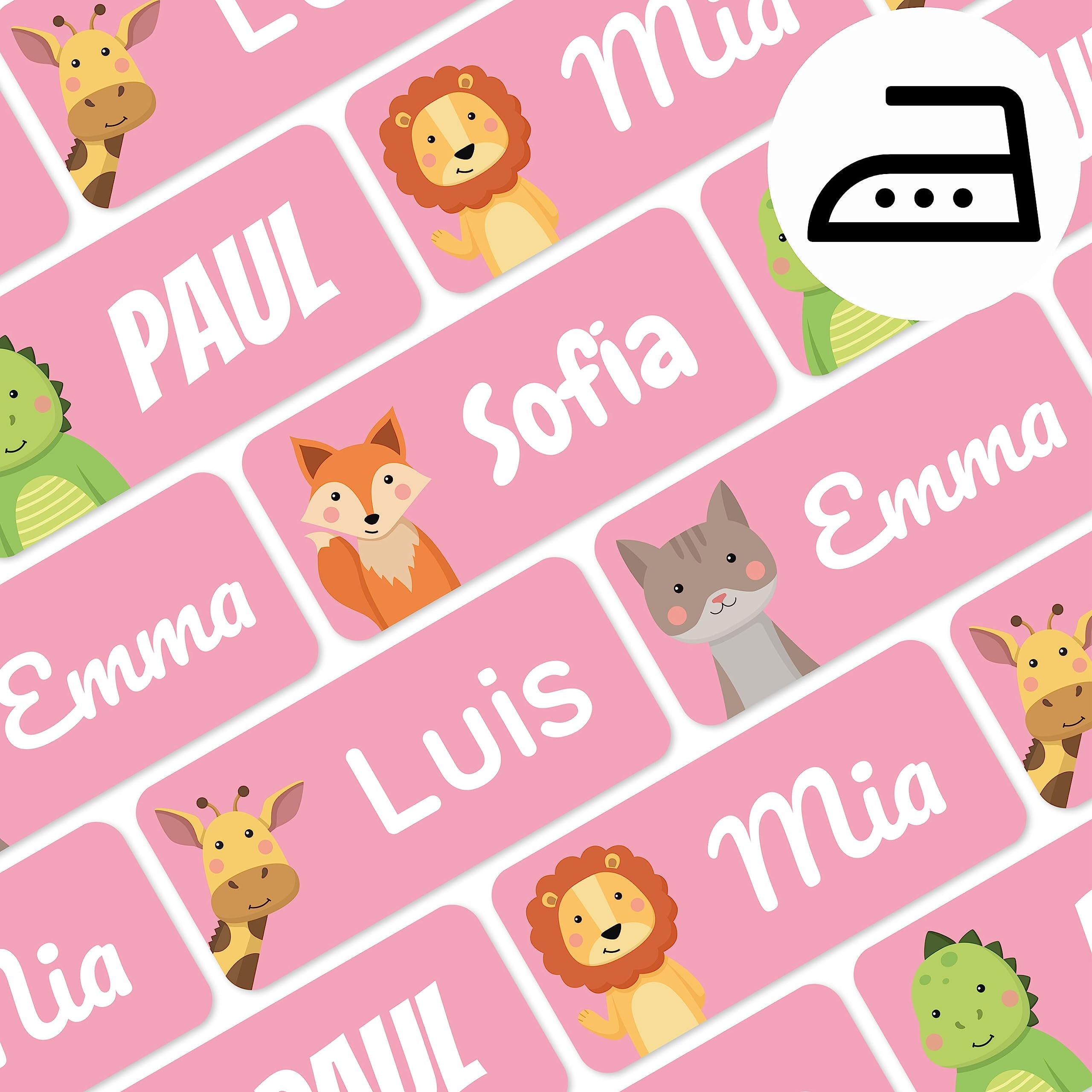 melu kids® Iron on Name Labels for Clothing (50), Personalized and Waterproof Kids Name Tags (1.2” x 0.5”), Perfect for Daycare, School and Camp - Pink