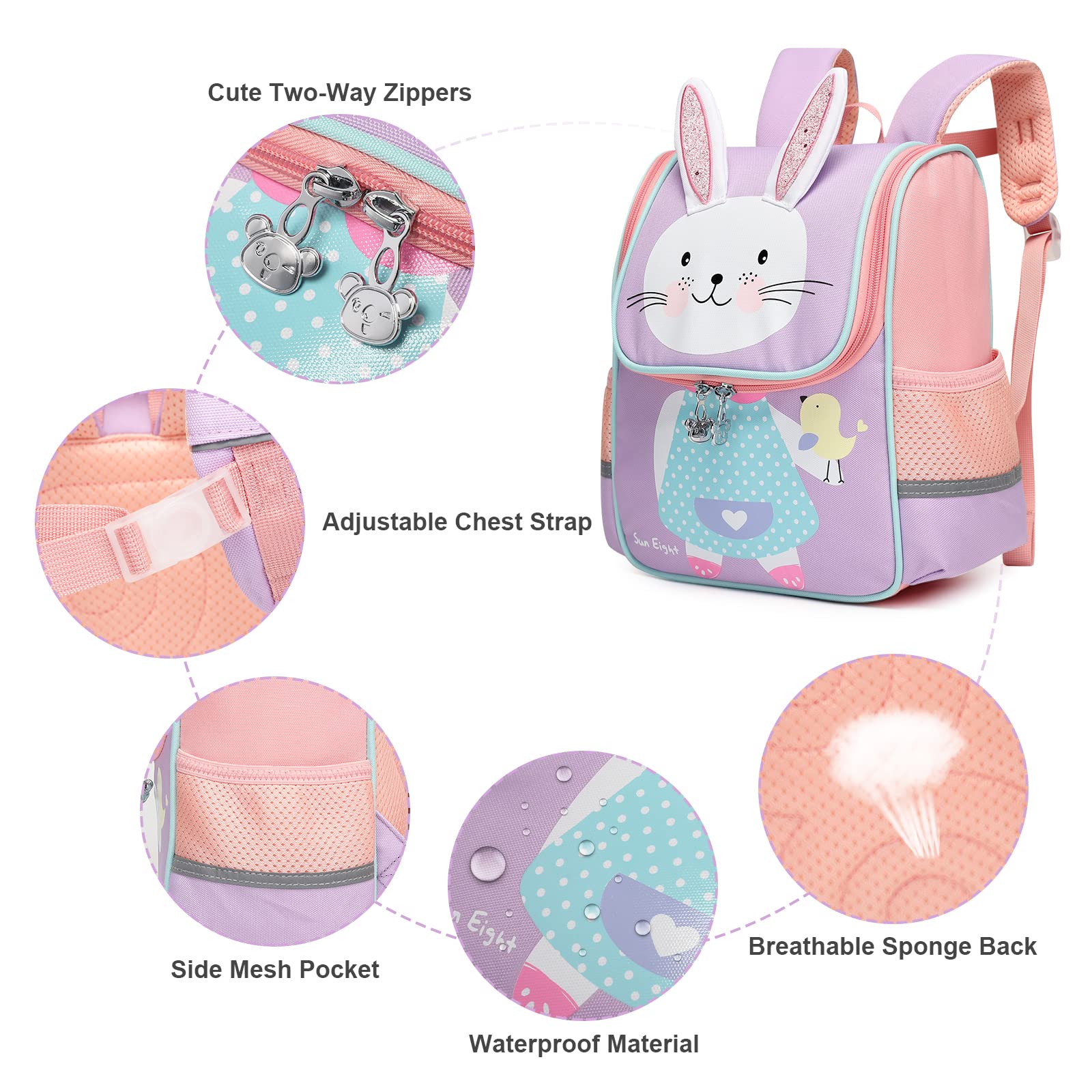 SUN EIGHT Toddler Backpack for Girls Lunch backpack Cute 3D Animal Waterproof Schoolbag School Bag for Baby Girl Boy 2-5 Years(Rabbit)