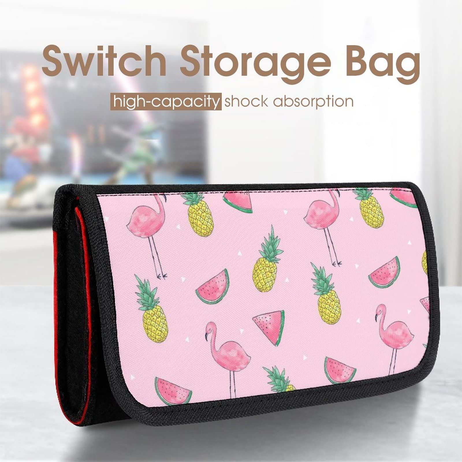Tropical Fruits and Flamingo Carrying Bag Compatible with Switch Protective Case Slim Felt Pouch with 5 Game Cartridges Holders